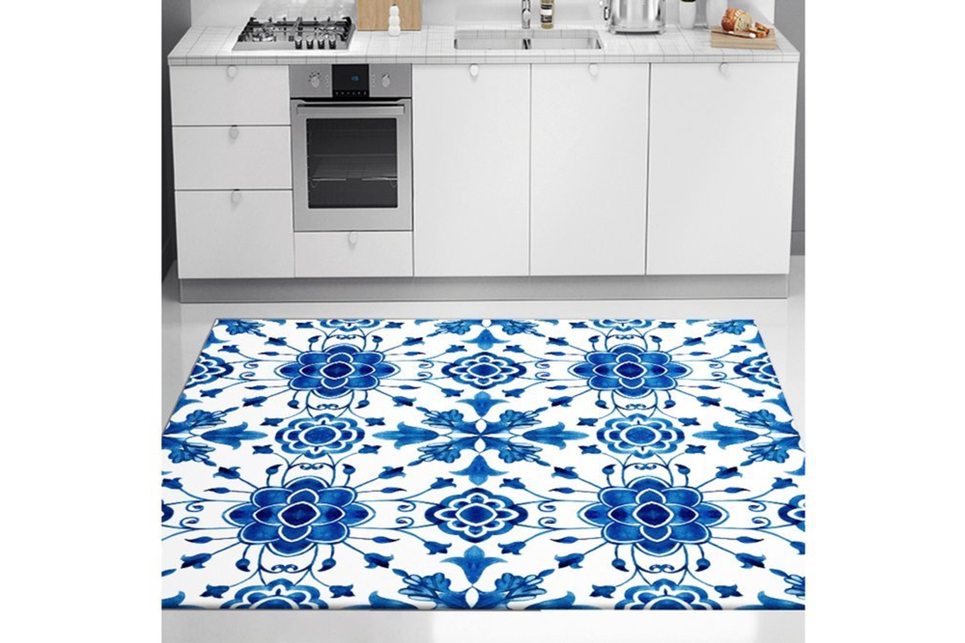 OSSO MAVİ BEYAZ OSMANLI ÇİNİ DESENLİ YIKANABİLİR KAYMAZ TABAN MUTFAK ...