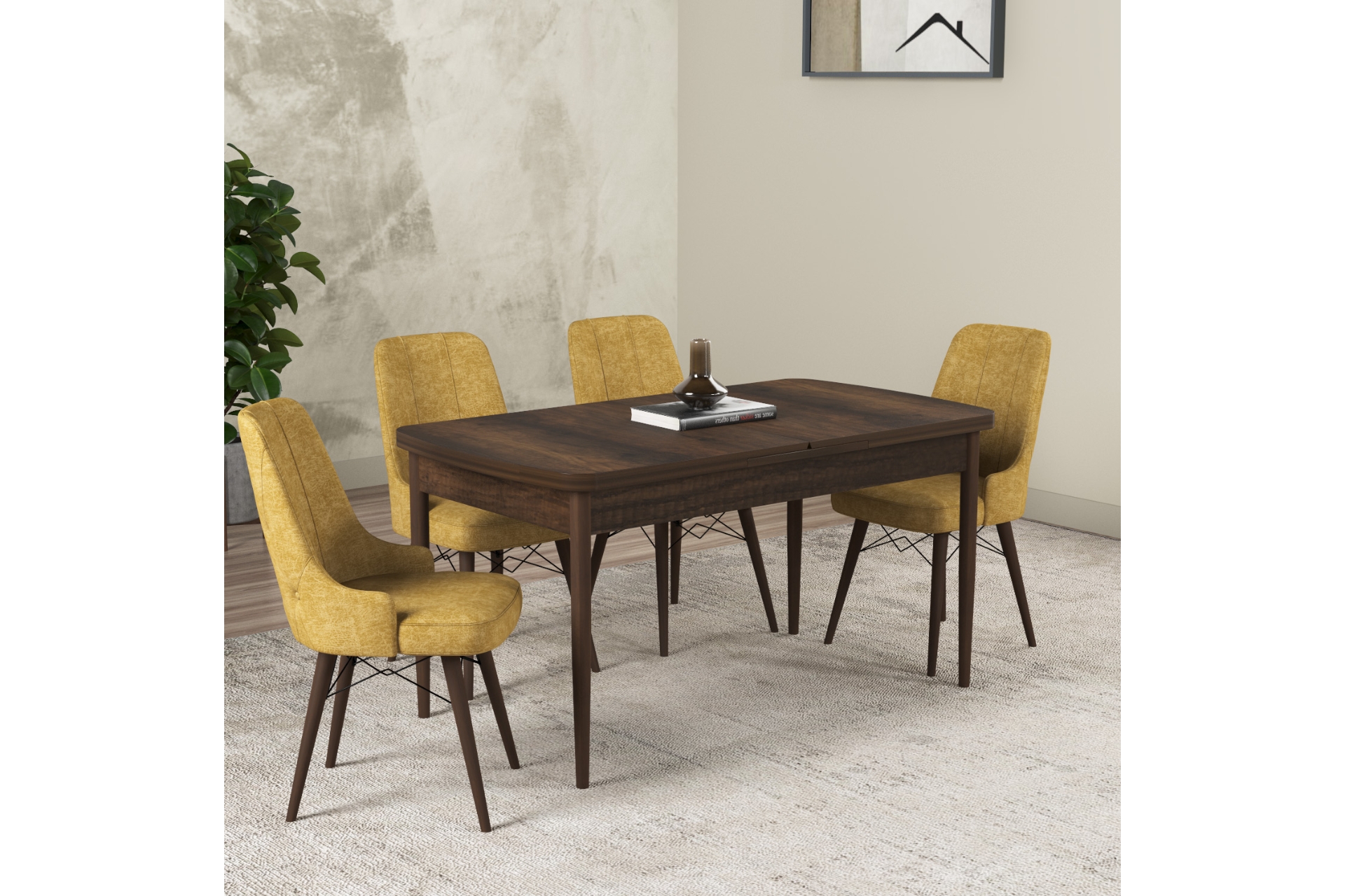 HERA SERİSİ 1 MASA + 4 SANDALYE MUTFAK MASA TAKIMI 329, CEVİZ, 132X80