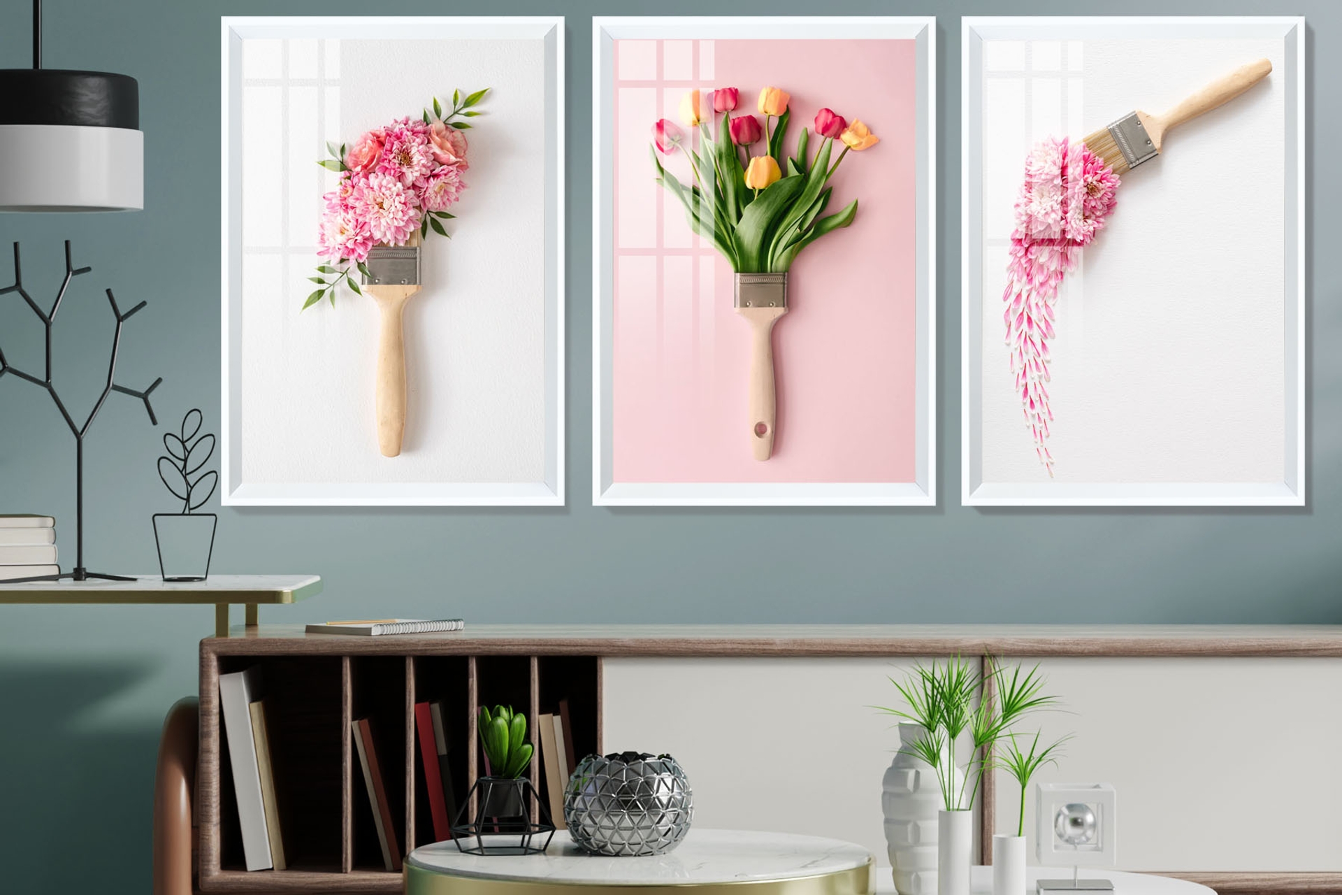 FLOWER BRUSHES TABLO SETİ, BEYAZ ÇERÇEVE, 33X48