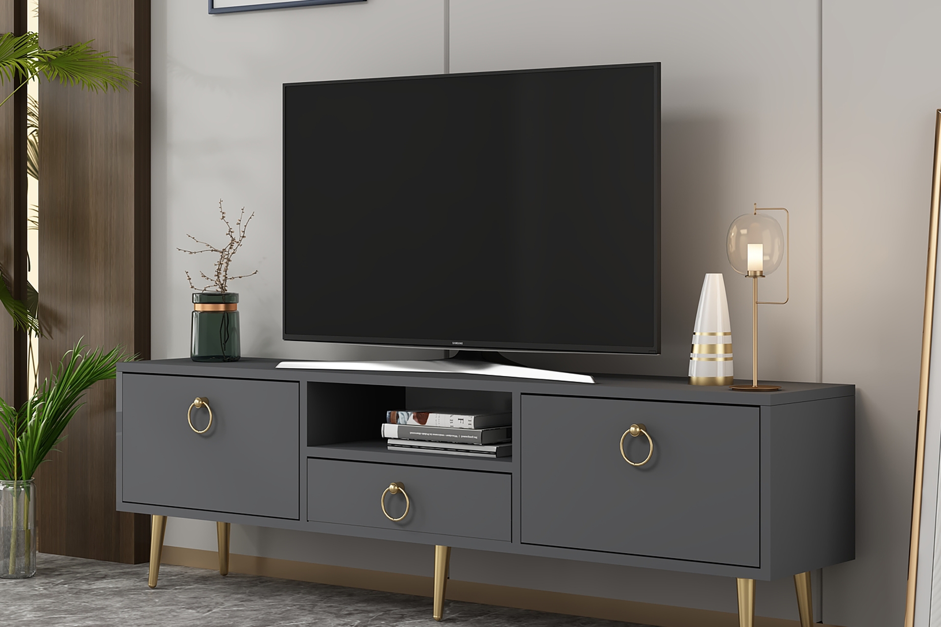 Drop Tv Ünitesi- 2 Kapaklı Raflı Çekmeceli- Antrasit