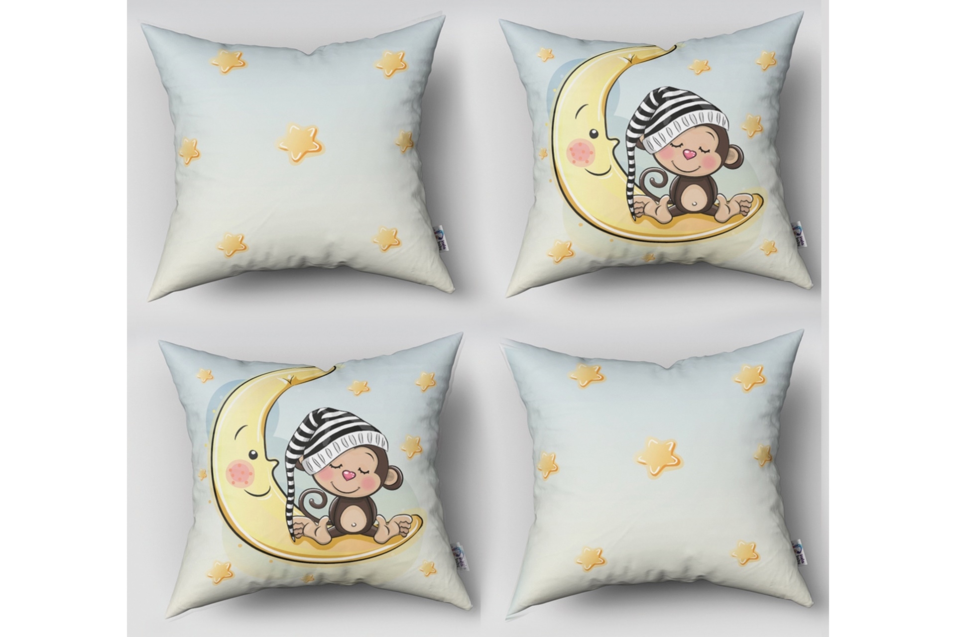 SARI AY VE MAYMUN DESENLİ ÇOCUK ODASI DİJİTAL BASKILI DÖRTLÜ KIRLENT ...