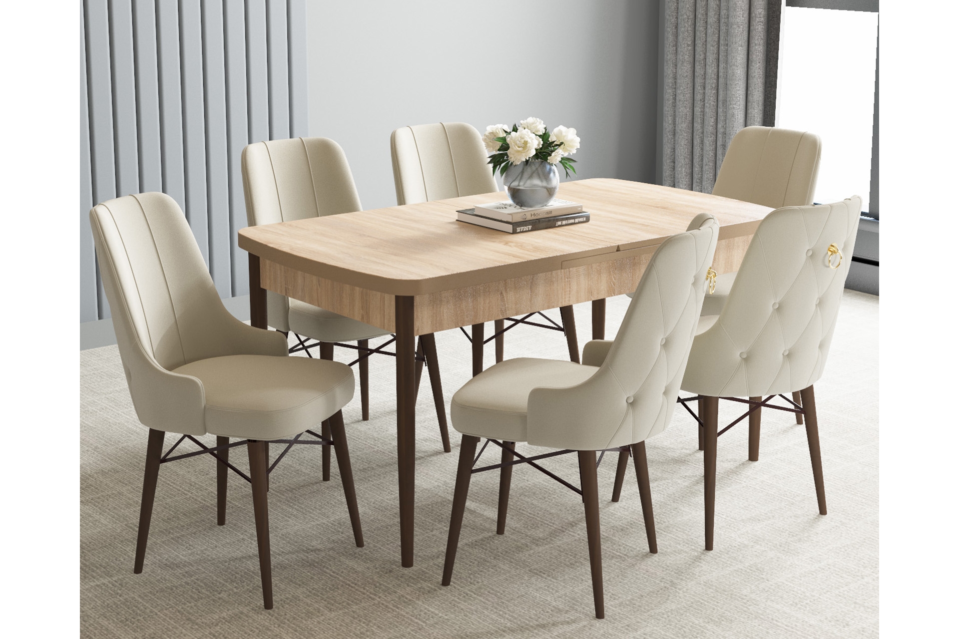 HOOPSİİ LOFT AÇILABİLİR MUTFAK MASASI TAKIMI 2069, MEŞE DESEN, KREM ...