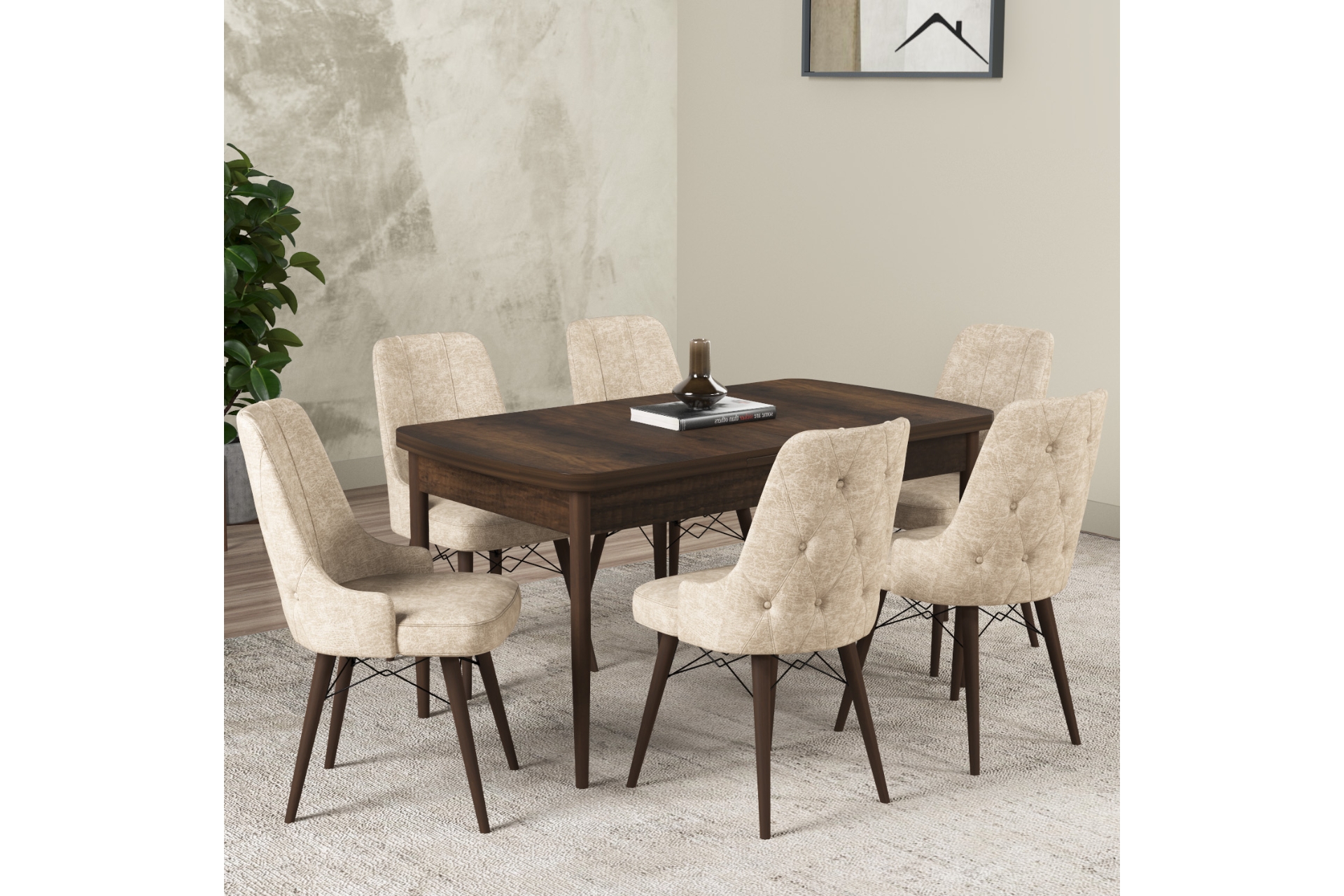 HERA SERİSİ 1 MASA + 6 SANDALYE MUTFAK MASA TAKIMI 322, CEVİZ, 132X80