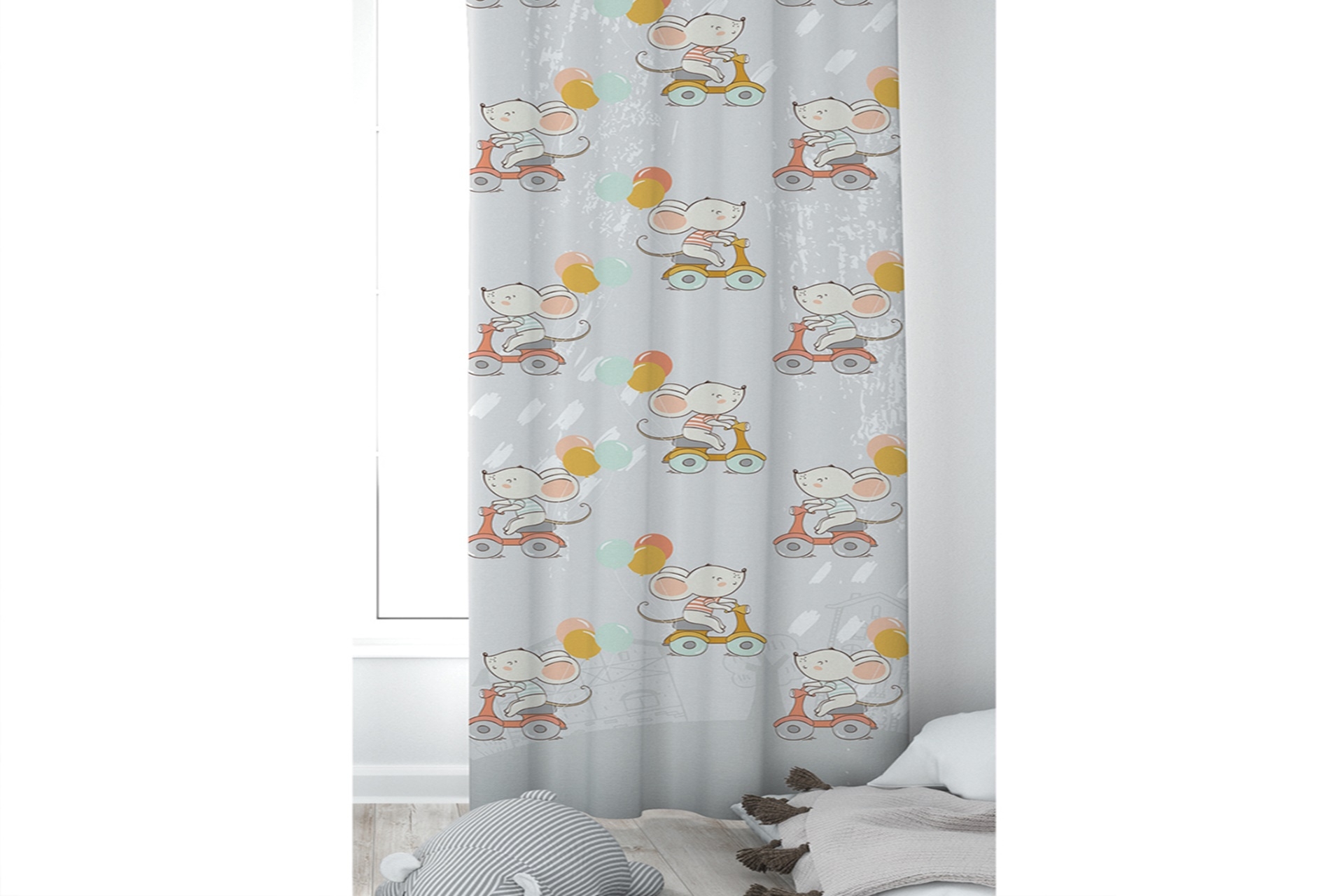GRİ FARE VE BALON DESENLİ ÇOCUK ODASI FON PERDE 65X260 FİYATI - Vivense