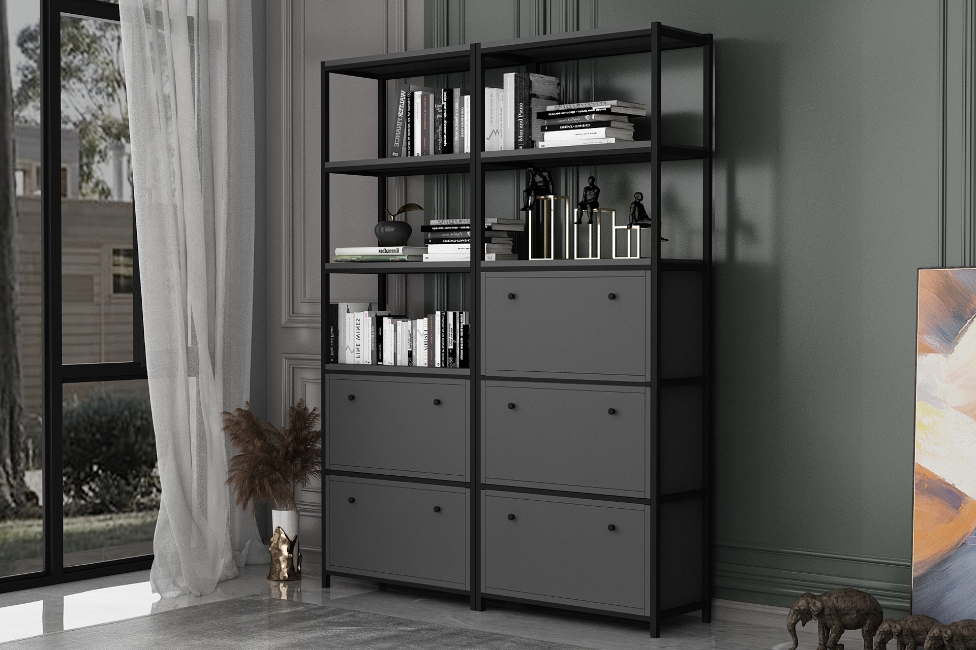 STELL RAFLI BEŞ KATLI DÜŞER KAPAKLI METAL KİTAPLIK, ANTRASİT, 138 CM ...