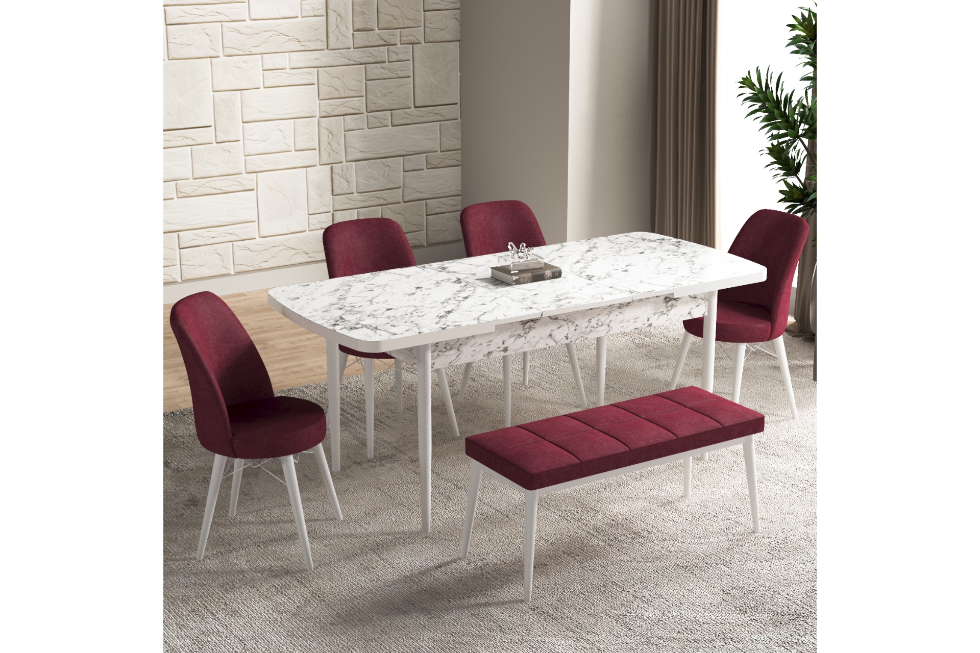 AY SERİSİ 1 MASA + 4 SANDALYE + BENCH MUTFAK MASA TAKIMI, MERMER BORDO ...