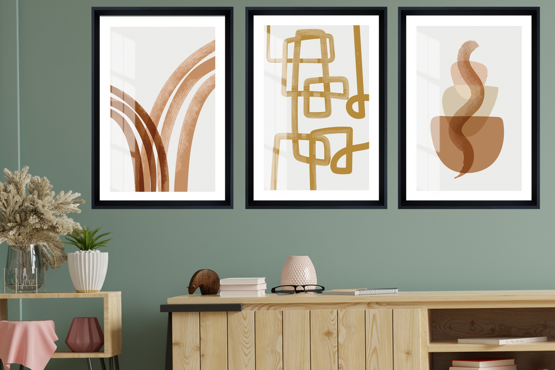 BROWN ABSTRACT SHAPES 2 TABLO SETİ, SİYAH ÇERÇEVE, 33X48 FİYATI - Vivense