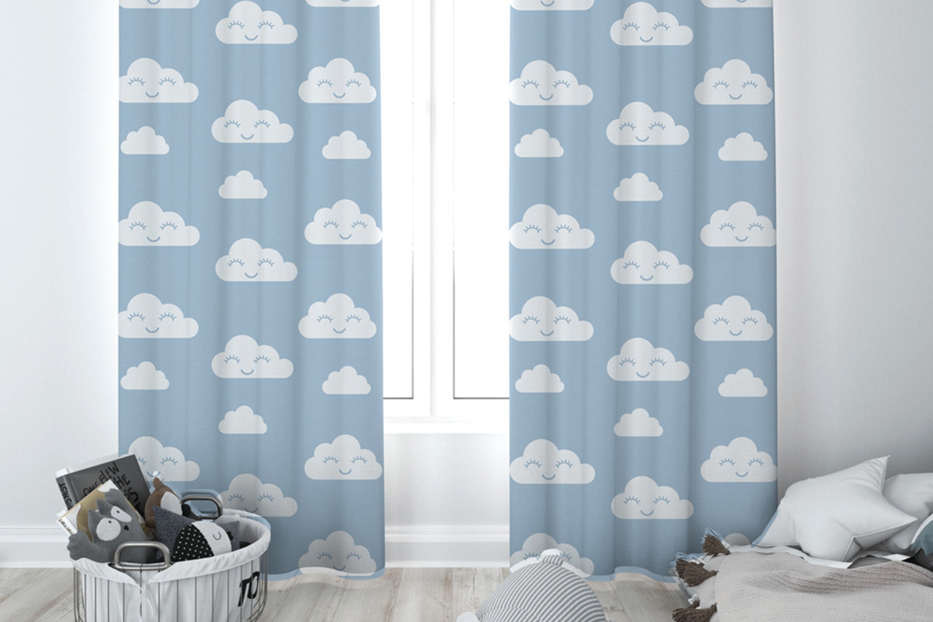 MUTLU BULUT DESENLİ ÇOCUK ODASI ÇİFT KANAT PERDE 65X200