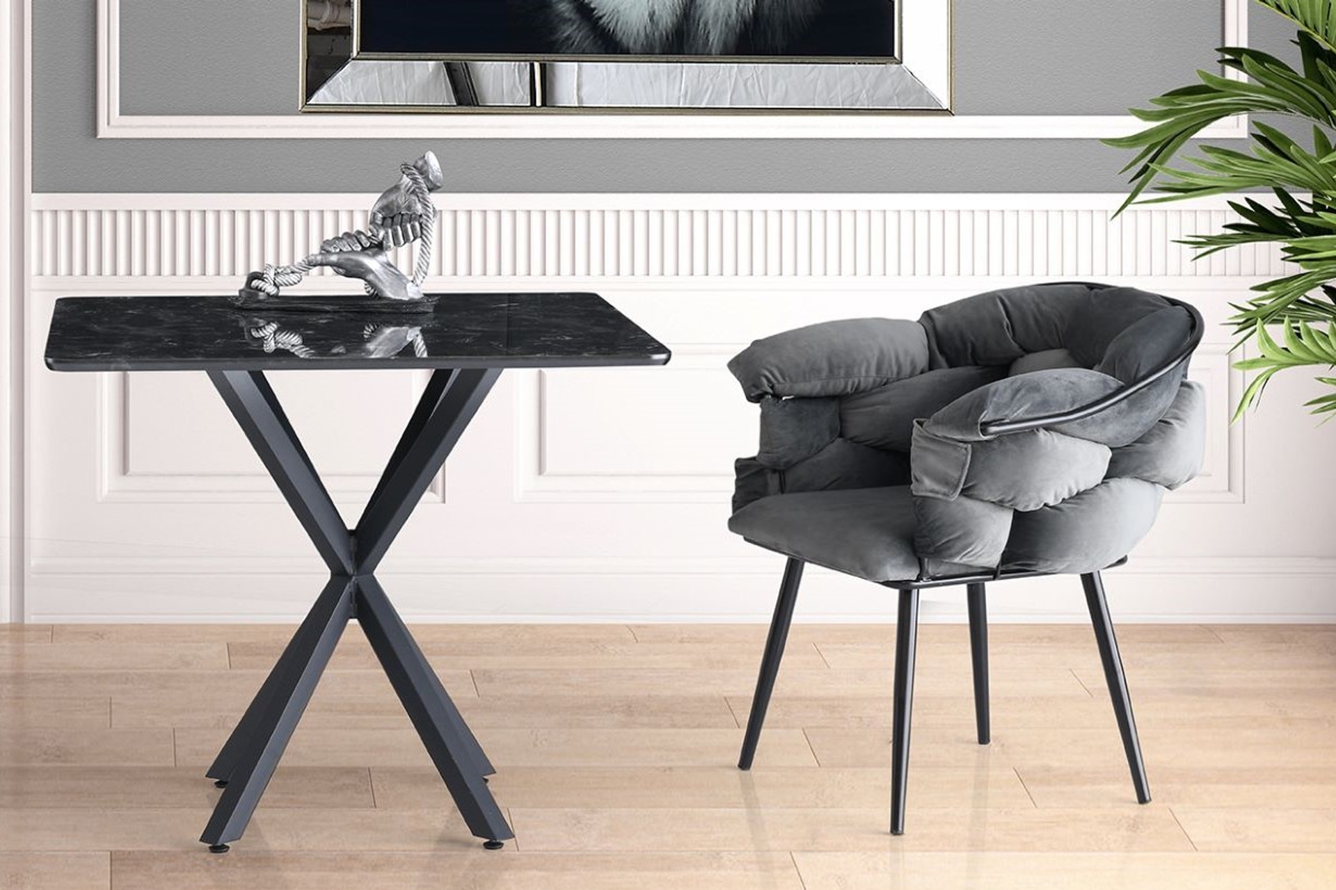 LENA LOTUS HİGHGLOSS MASA, SİYAH ÇAPRAZ AYAK, 90X90