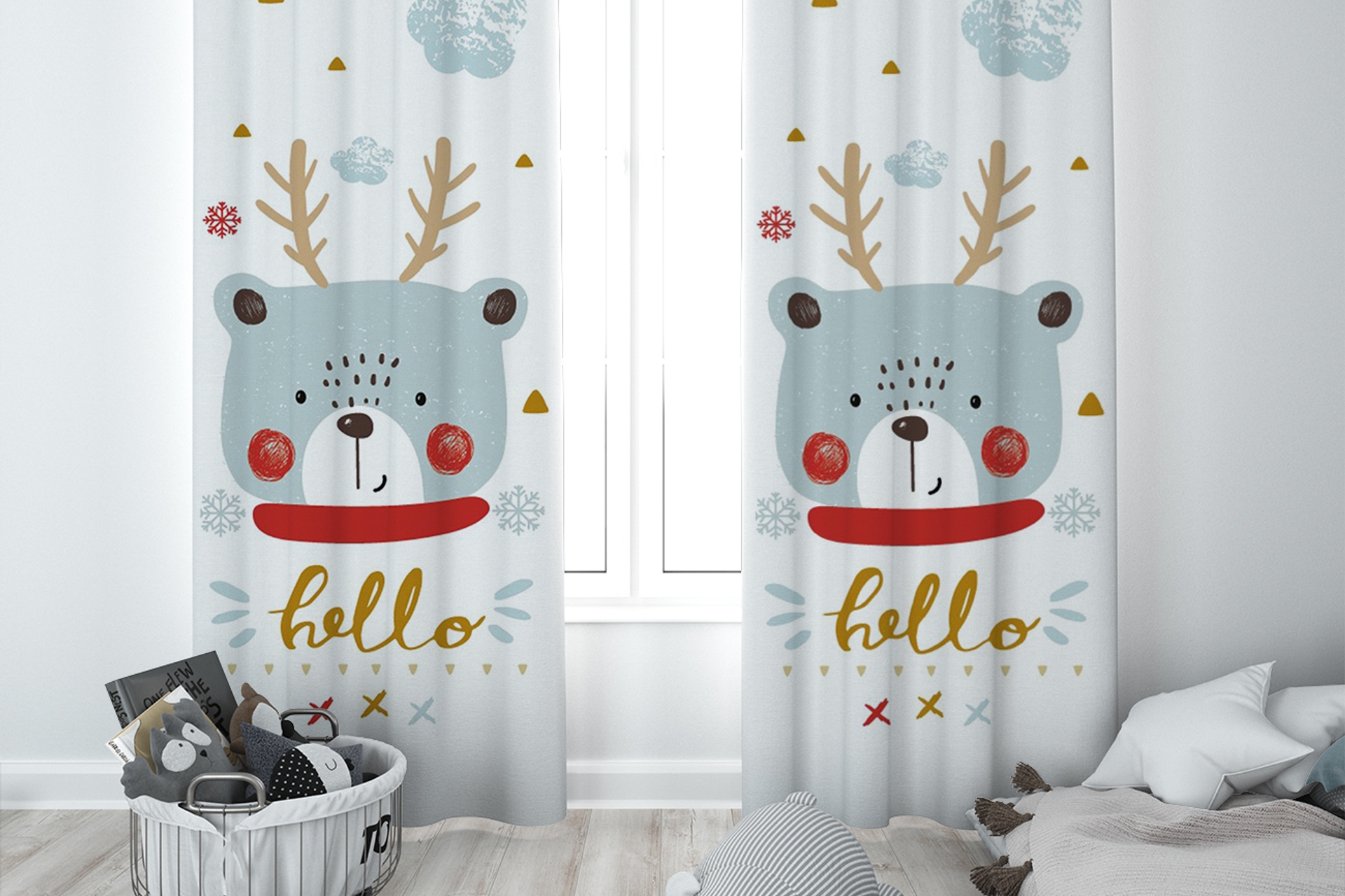 TATLI AYI VE KAR DESENLİ ÇOCUK ODASI ÇİFT KANAT PERDE 135X200 FİYATI ...