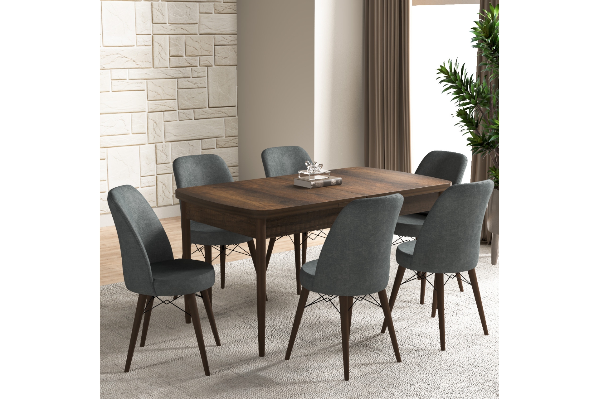 GADAHOME AY SERİSİ AÇILABİLİR MDF CEVİZ MUTFAK SALON MASA TAKIMI ( 6 ...