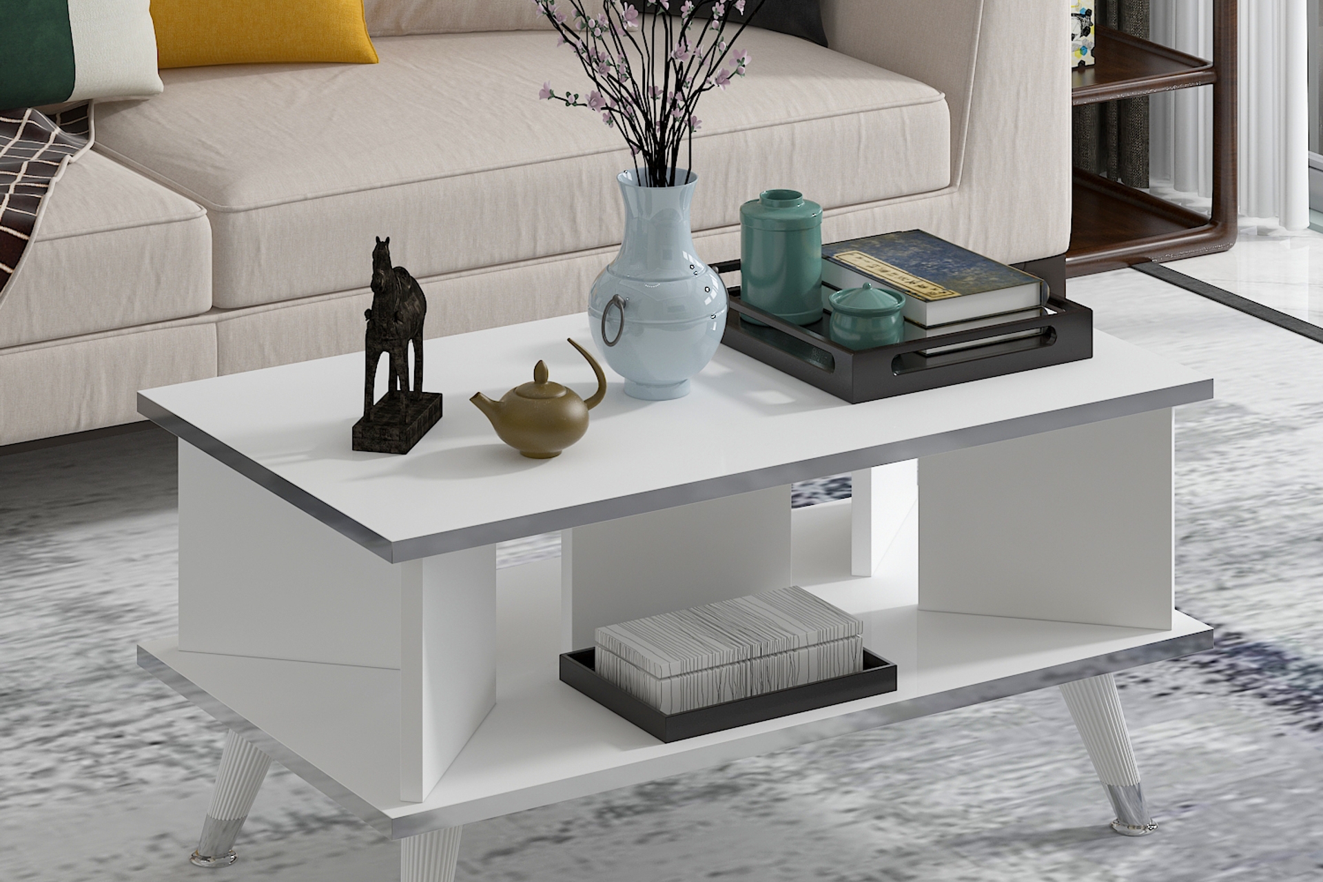 MOBİLYA GEZEGENİ GALİPOL ORTA SEHPA, BEYAZ GÜMÜŞ, 80 CM FİYATI - Vivense