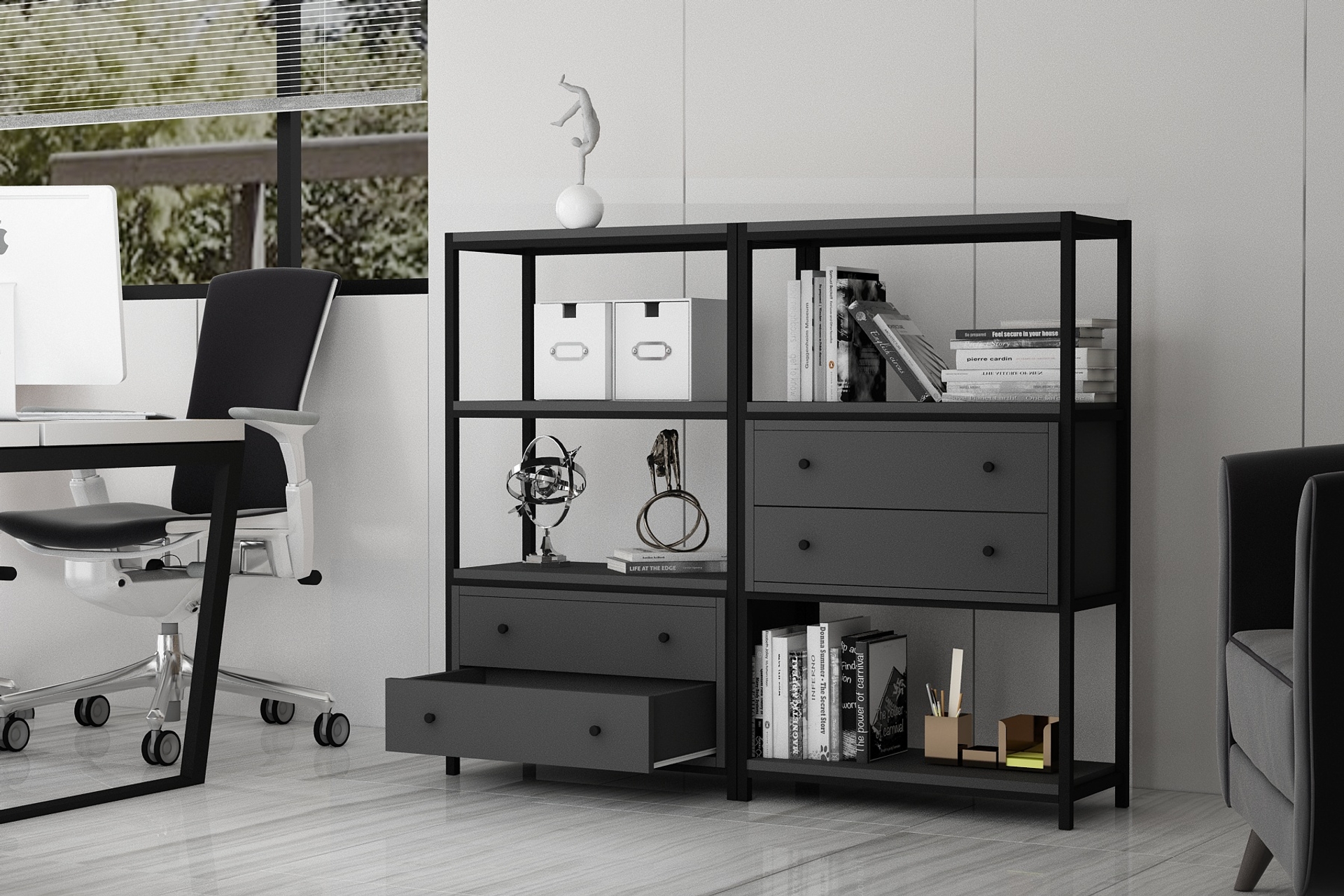 STELL RAFLI ÜÇ KATLI DÖRT ÇEKMECELİ METAL KİTAPLIK, ANTRASİT, 138 CM ...