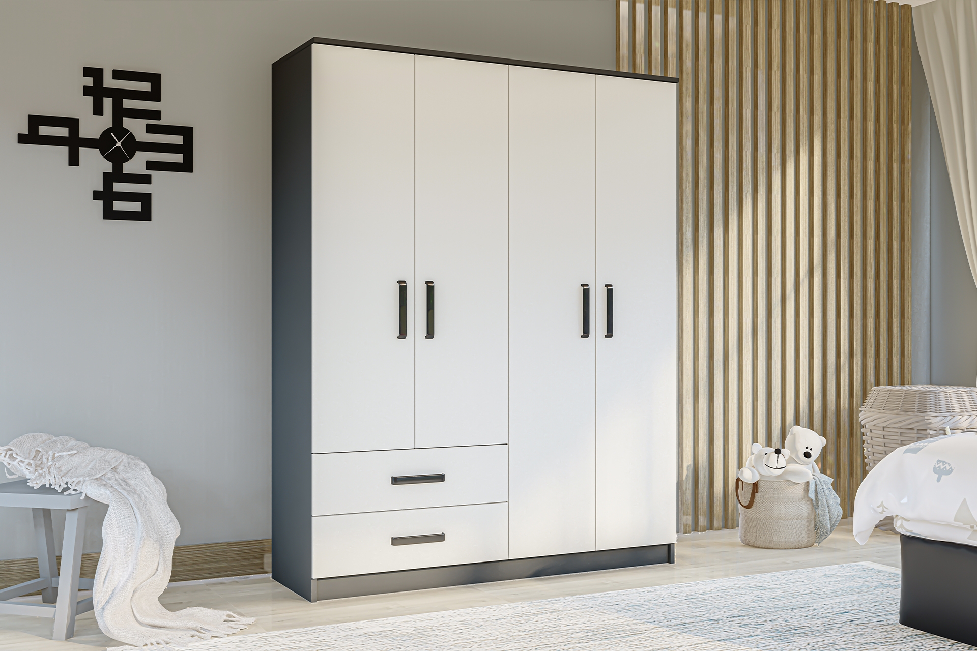 GM 063 NOVADO ANTRASİT GRİ - BEYAZ SİYAH KULPLU AYNASIZ GARDIROP FİYATI - Vivense