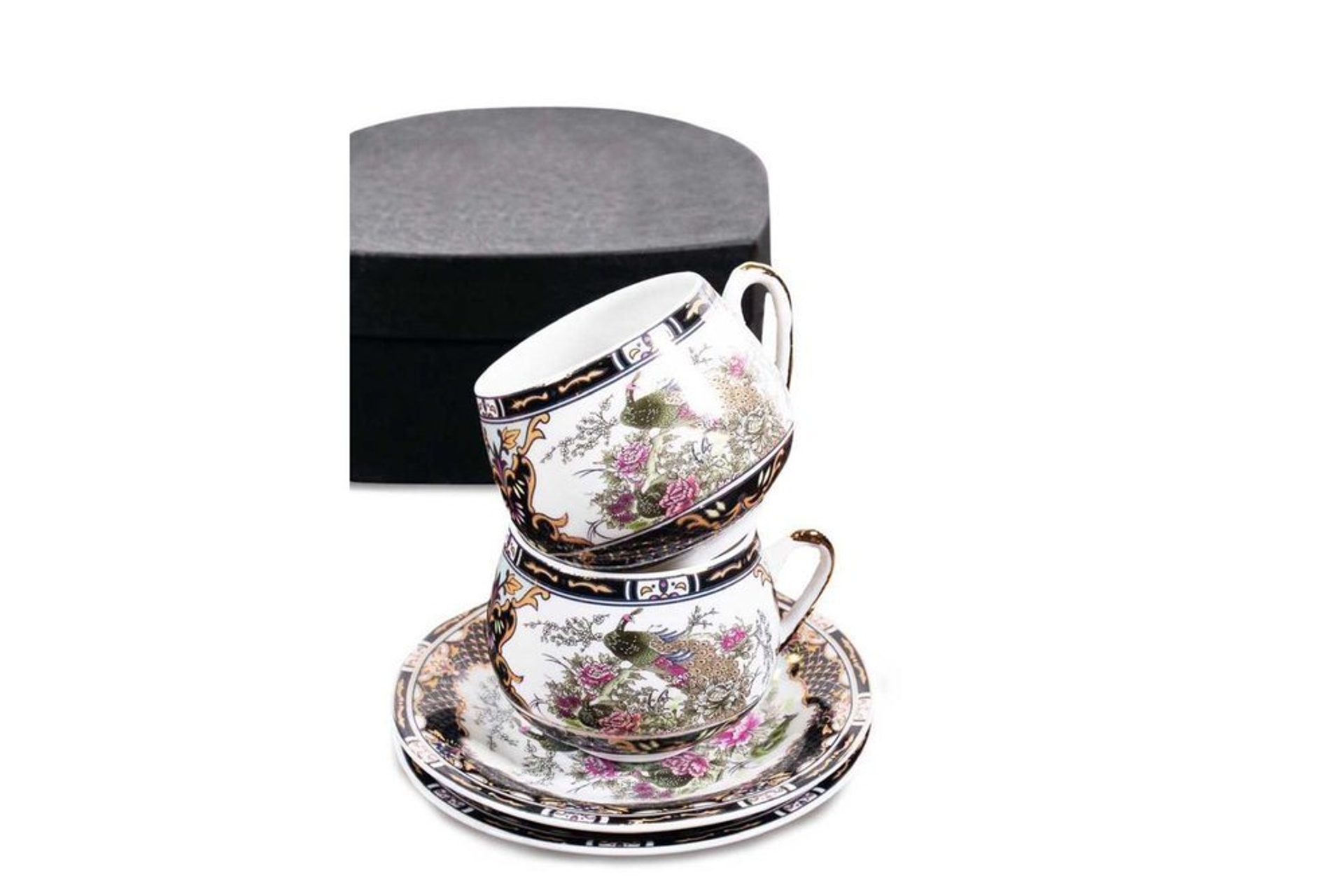 QEDİ PORSELEN 2'Lİ KAHVE FİNCANI TAVUS KUŞU SİYAH GÜLLÜ FİYATI - Vivense