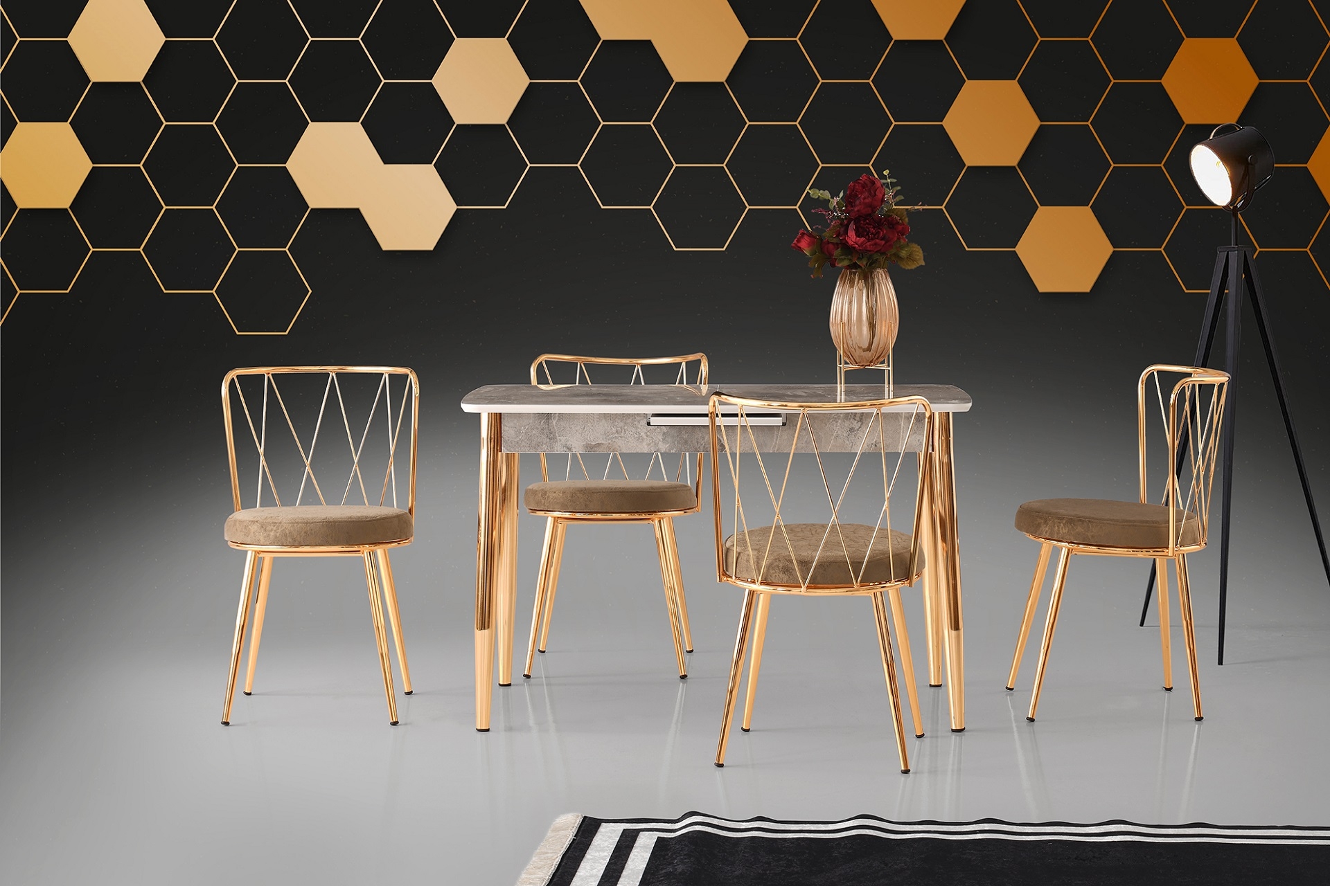 VİRGİNİA MASA TK + 4 AD STAR SANDALYE KOYU YEŞİL GOLD FİYATI - Vivense