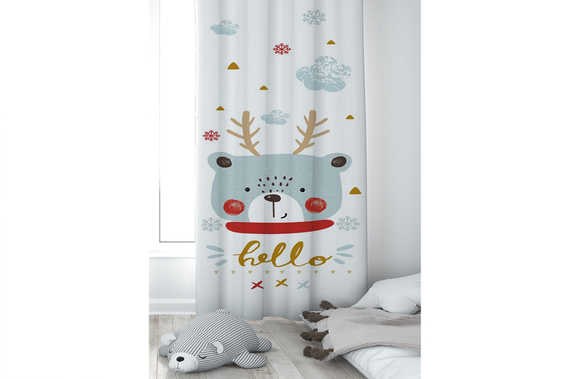 TATLI AYI VE KAR DESENLİ ÇOCUK ODASI FON PERDE 65X200