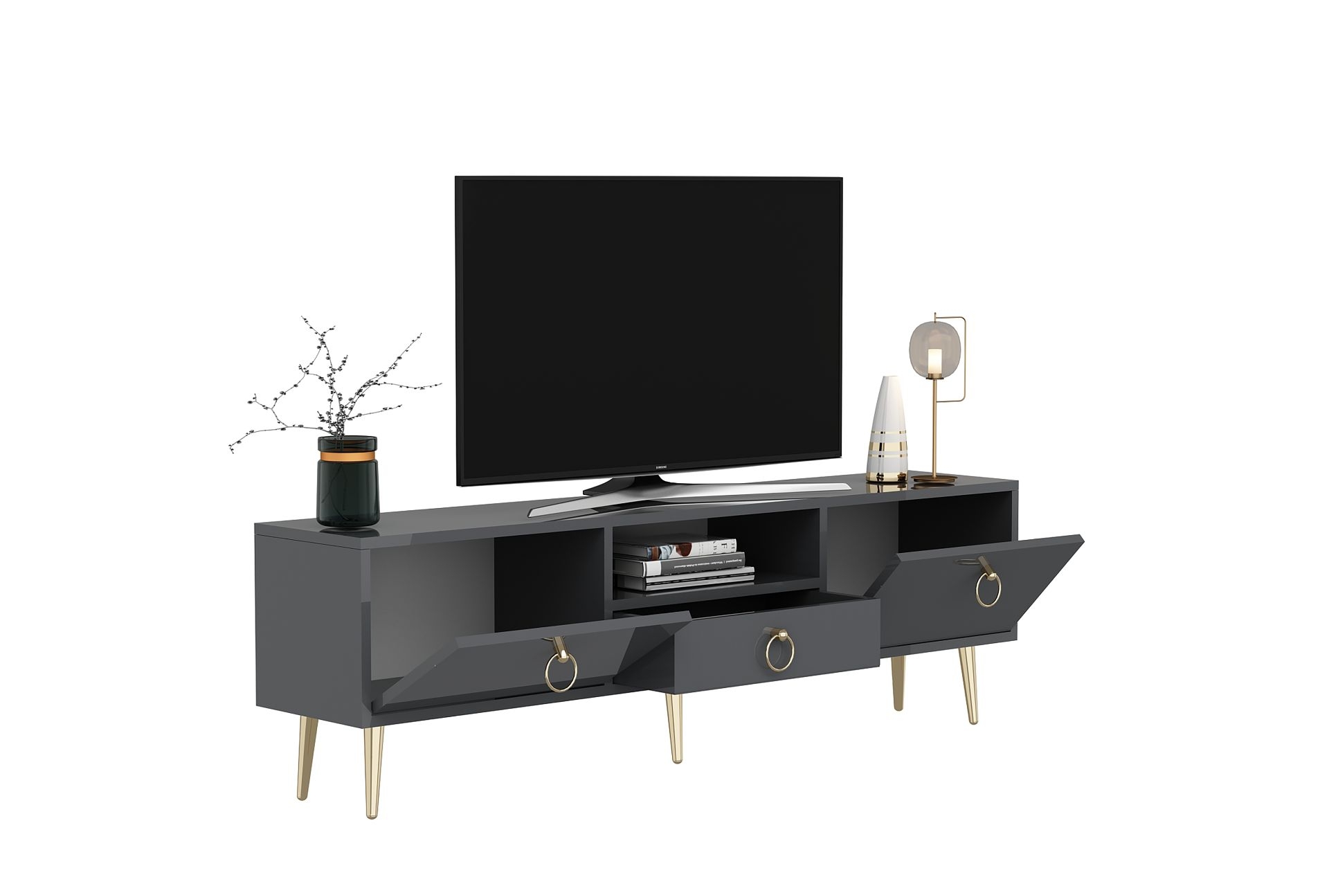 DROP TV ÜNİTESİ, 2 KAPAKLI RAFLI ÇEKMECELİ, ANTRASİT FİYATI - Vivense