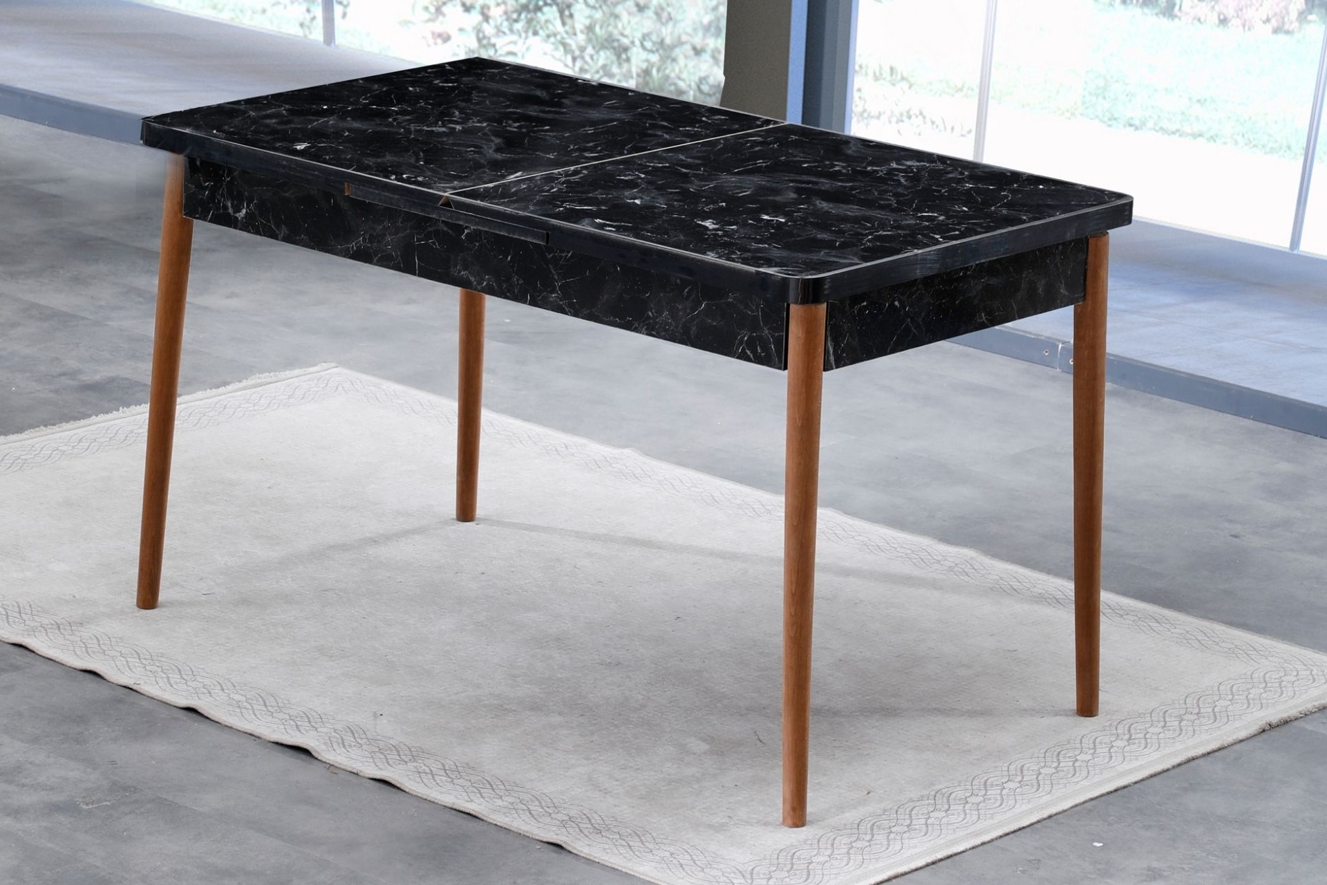 LAJMİX SİYAH MERMER AÇILIR MUTFAK MASA TAKIMI, 4 SANDALYE+PUF, SİYAH ...