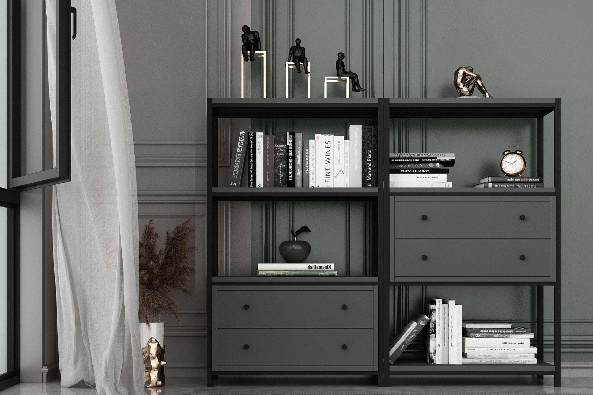 STELL RAFLI ÜÇ KATLI DÖRT ÇEKMECELİ METAL KİTAPLIK, ANTRASİT, 138 CM ...