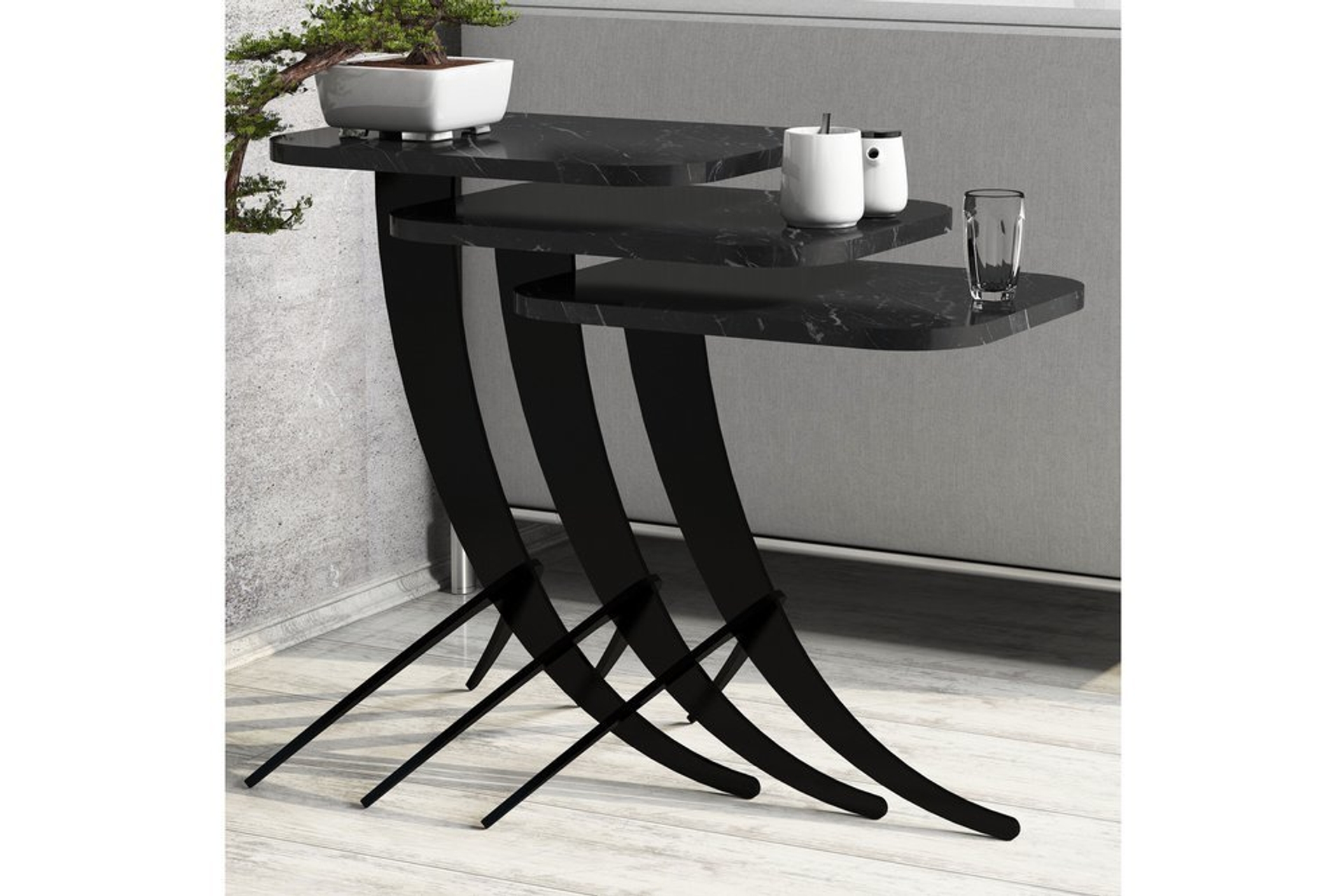 PİON METAL AYAKLI ZİGON SEHPA, ÜÇLÜ, SİYAH MERMER