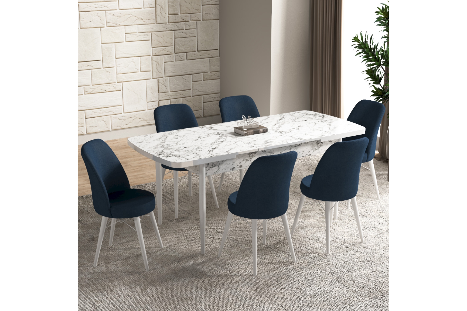 AY SERİSİ 1 MASA + 6 SANDALYE MUTFAK MASA TAKIMI, MERMER LACİVERT BEYAZ ...