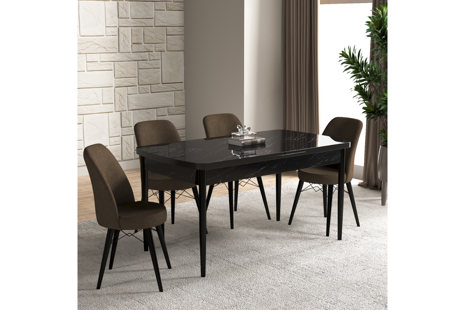 AY SERİSİ 1 MASA + 4 SANDALYE MUTFAK MASA TAKIMI, MERMER GÖRÜNÜMLÜ ...