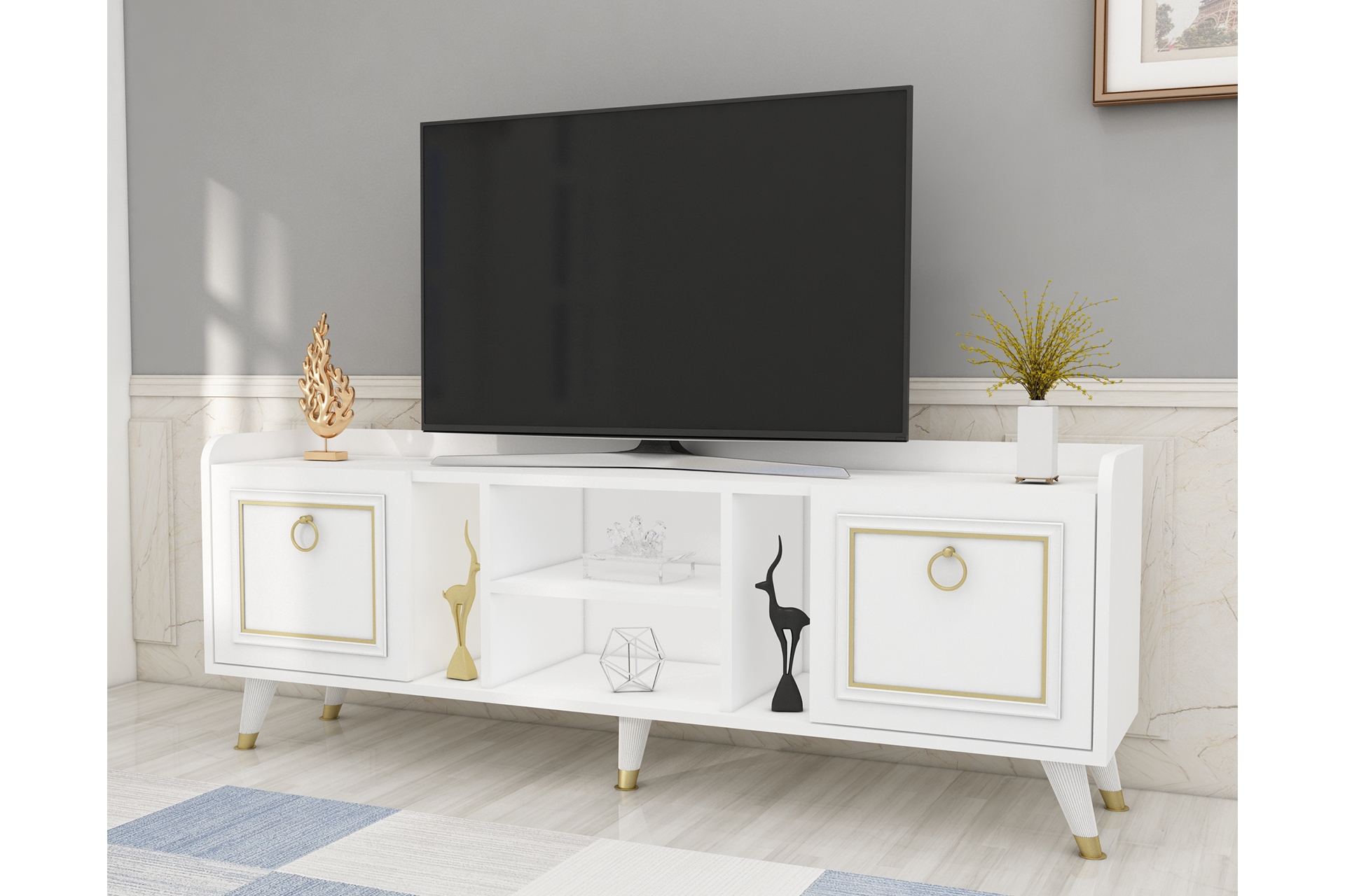 RUDY ALT TV ÜNİTESİ, BEYAZ GOLD, 150 CM