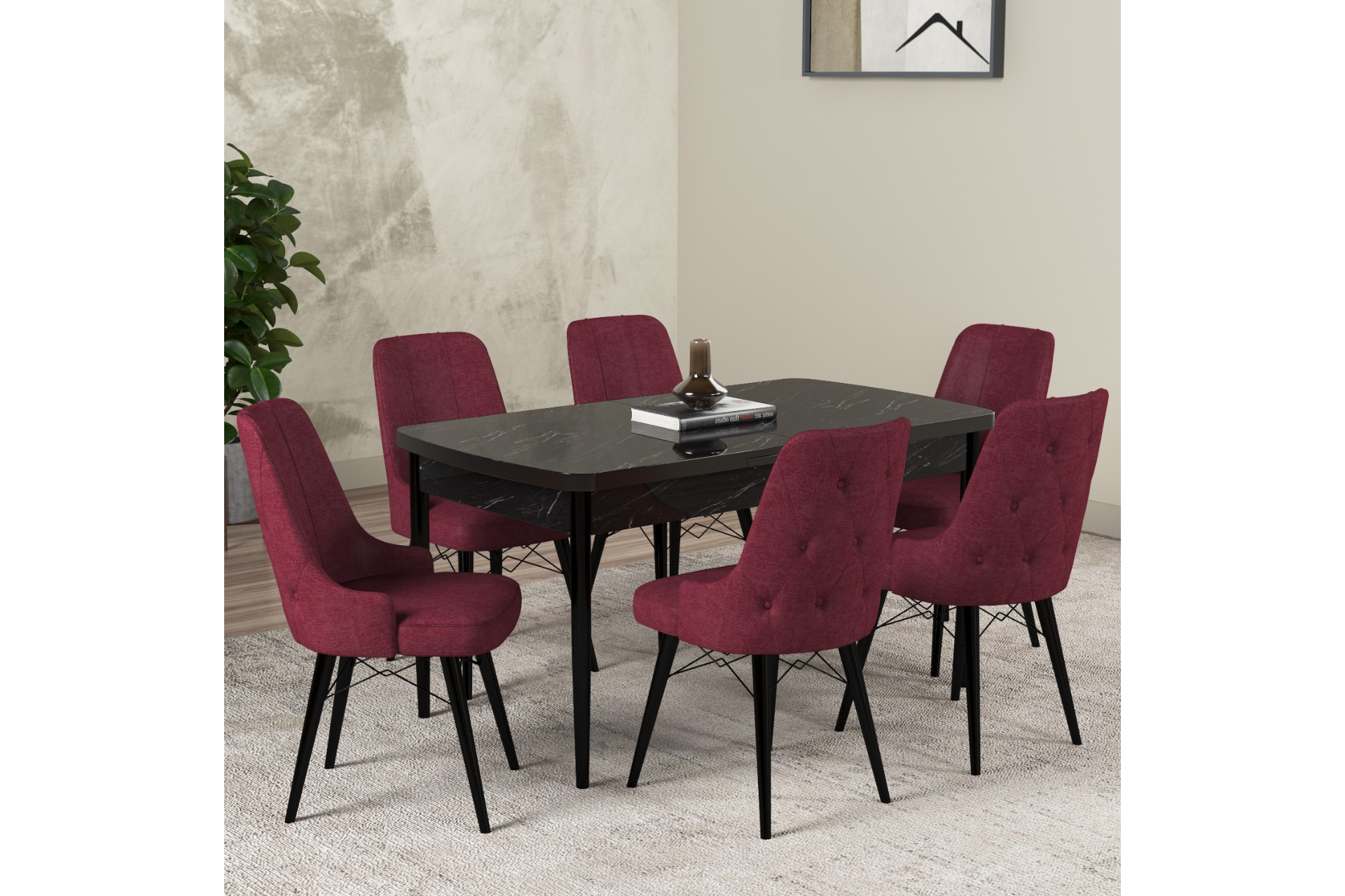 HERA SERİSİ 1 MASA + 6 SANDALYE MUTFAK MASA TAKIMI 426, MERMER SİYAH ...