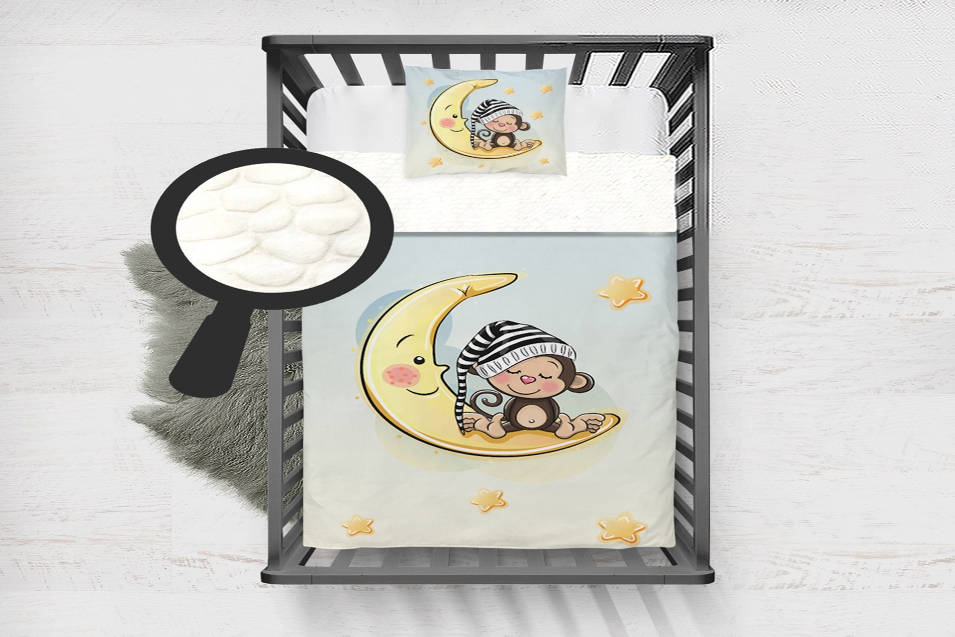 SARI AY VE MAYMUN DESENLİ ÇOCUK ODASI DİJİTAL BASKILI MİNKY BATTANİYE ...