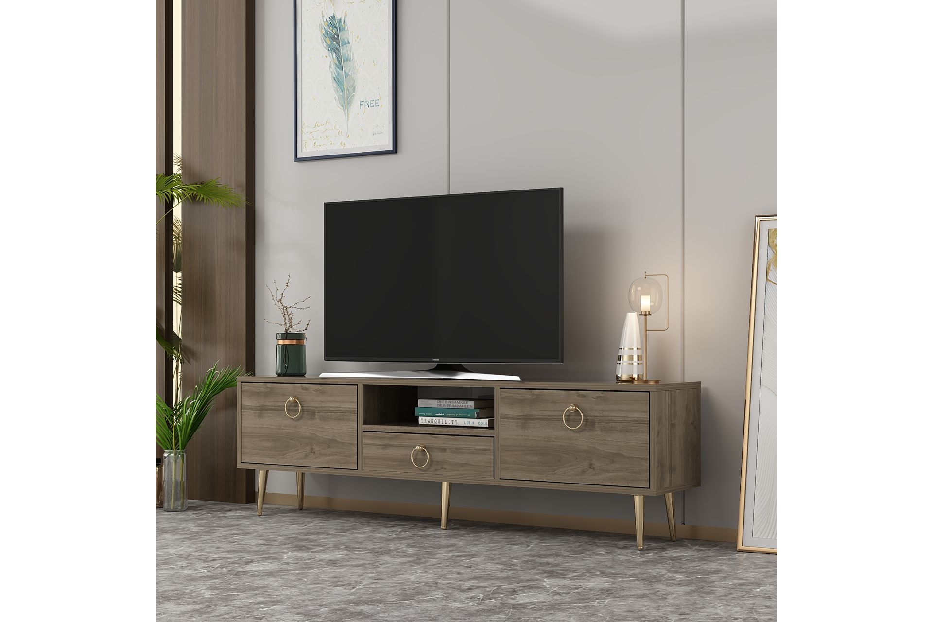 DROP TV ÜNİTESİ, 2 KAPAKLI RAFLI ÇEKMECELİ, CEVİZ FİYATI - Vivense