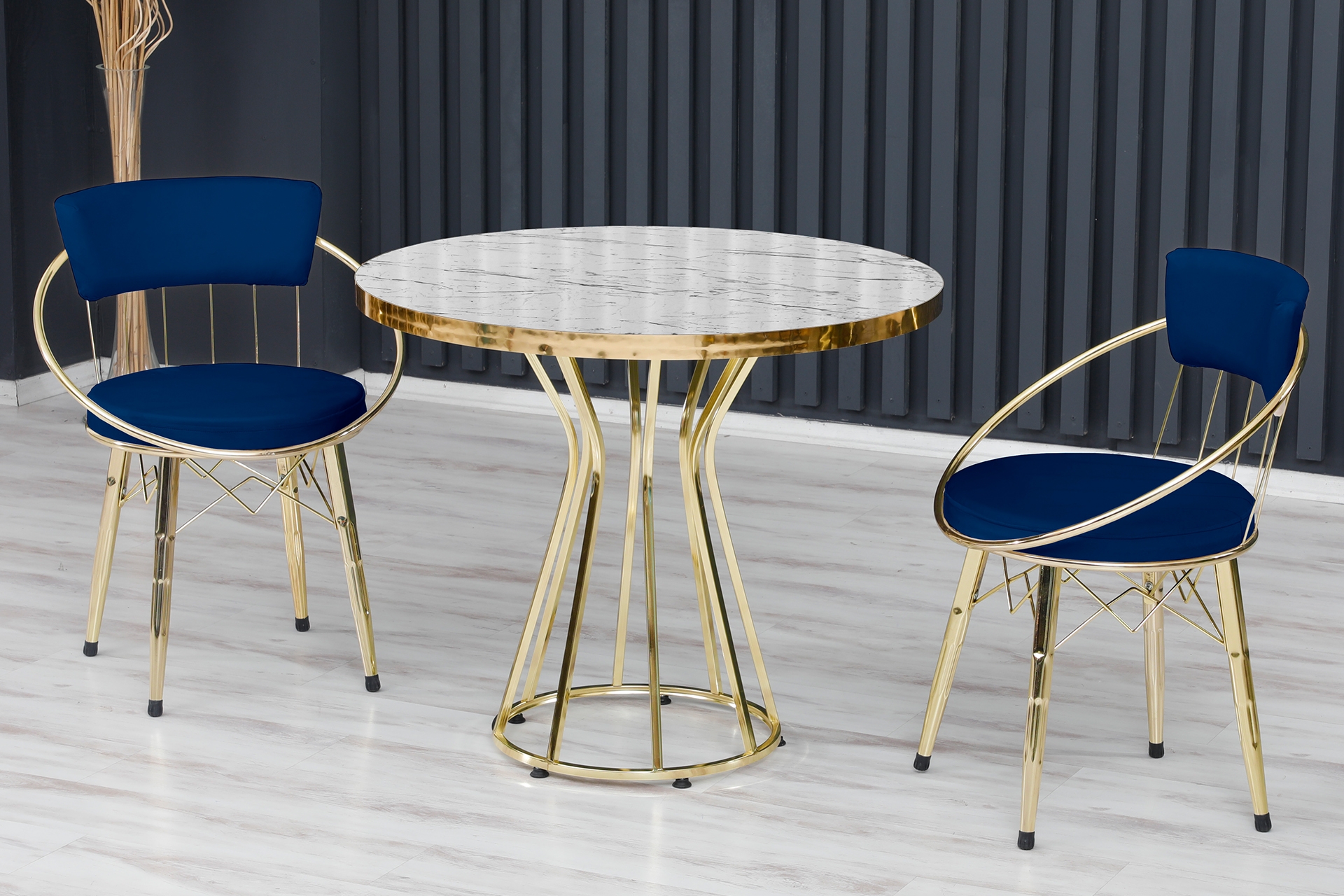 VİANEM SANDALYE VE BEYAZ MASA TAKIMI, GOLD METAL LACİVERT, 90X90 FİYATI ...