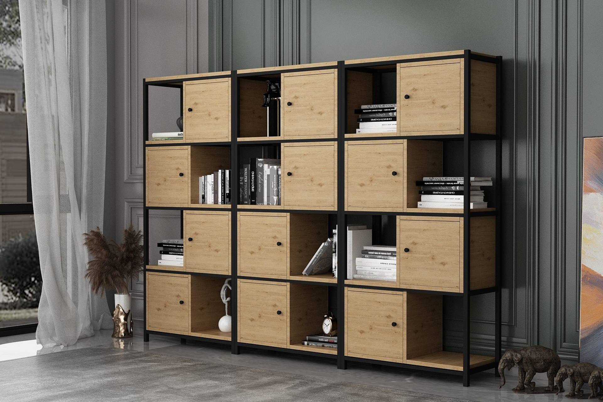 STELL RAFLI DÖRT KATLI DOLAPLI METAL KİTAPLIK, MEŞE, 208 CM, MTL-KTP ...