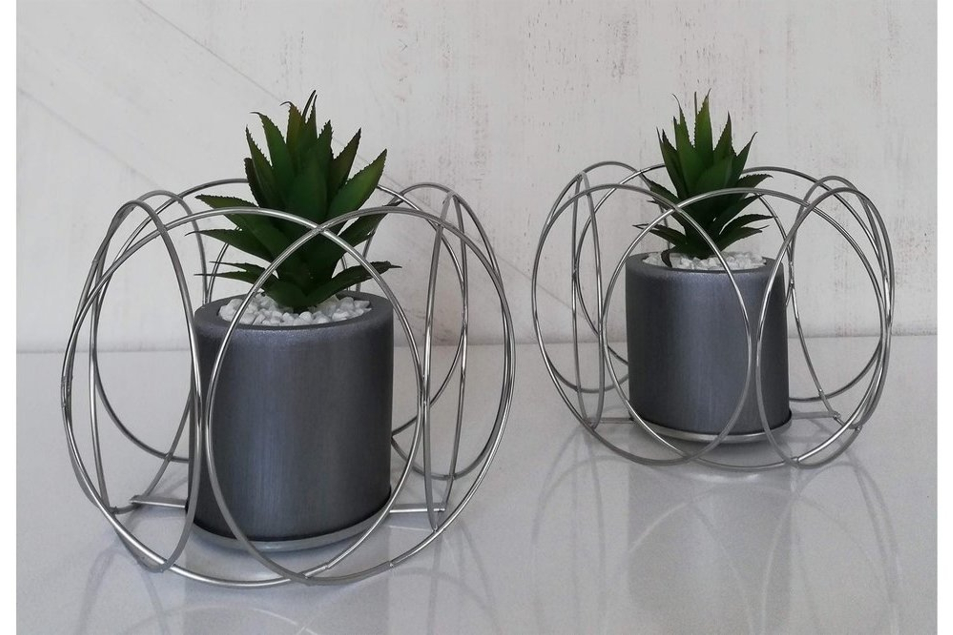 LİV STİL CAGE İKİLİ YAPAY ÇİÇEKLİ BETON SAKSI SETİ, METALİK ANTRASİT ...