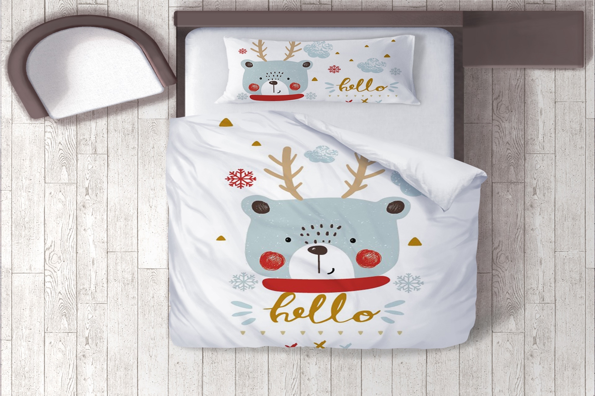 TATLI AYI VE KAR DESENLİ ÇOCUK ODASI DİJİTAL BASKILI NEVRESİM TAKIMI