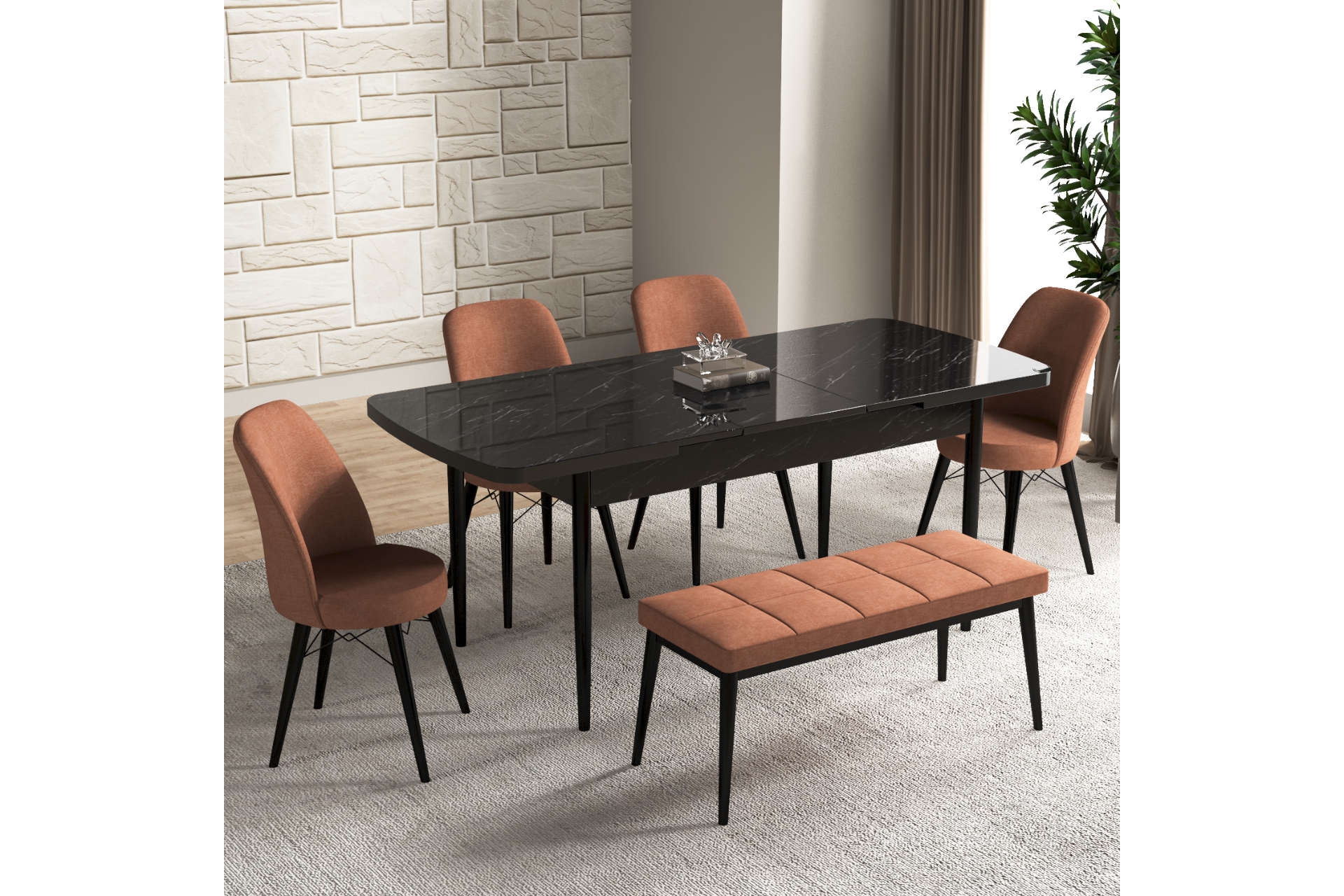 AY SERİSİ 1 MASA + 4 SANDALYE + 1 BENCH MUTFAK MASA TAKIMI, MERMER ...