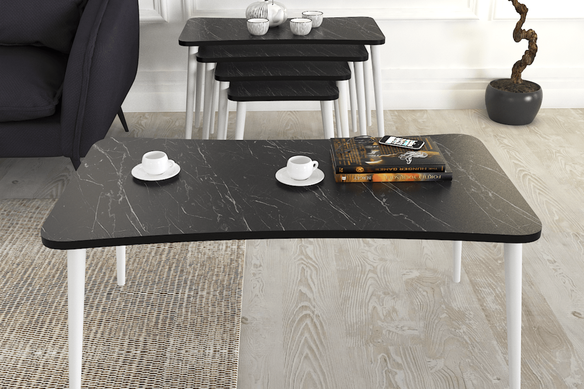 ALANUR XL SEHPA SETİ, BEYAZ AYAK, SİYAH MERMER FİYATI - Vivense