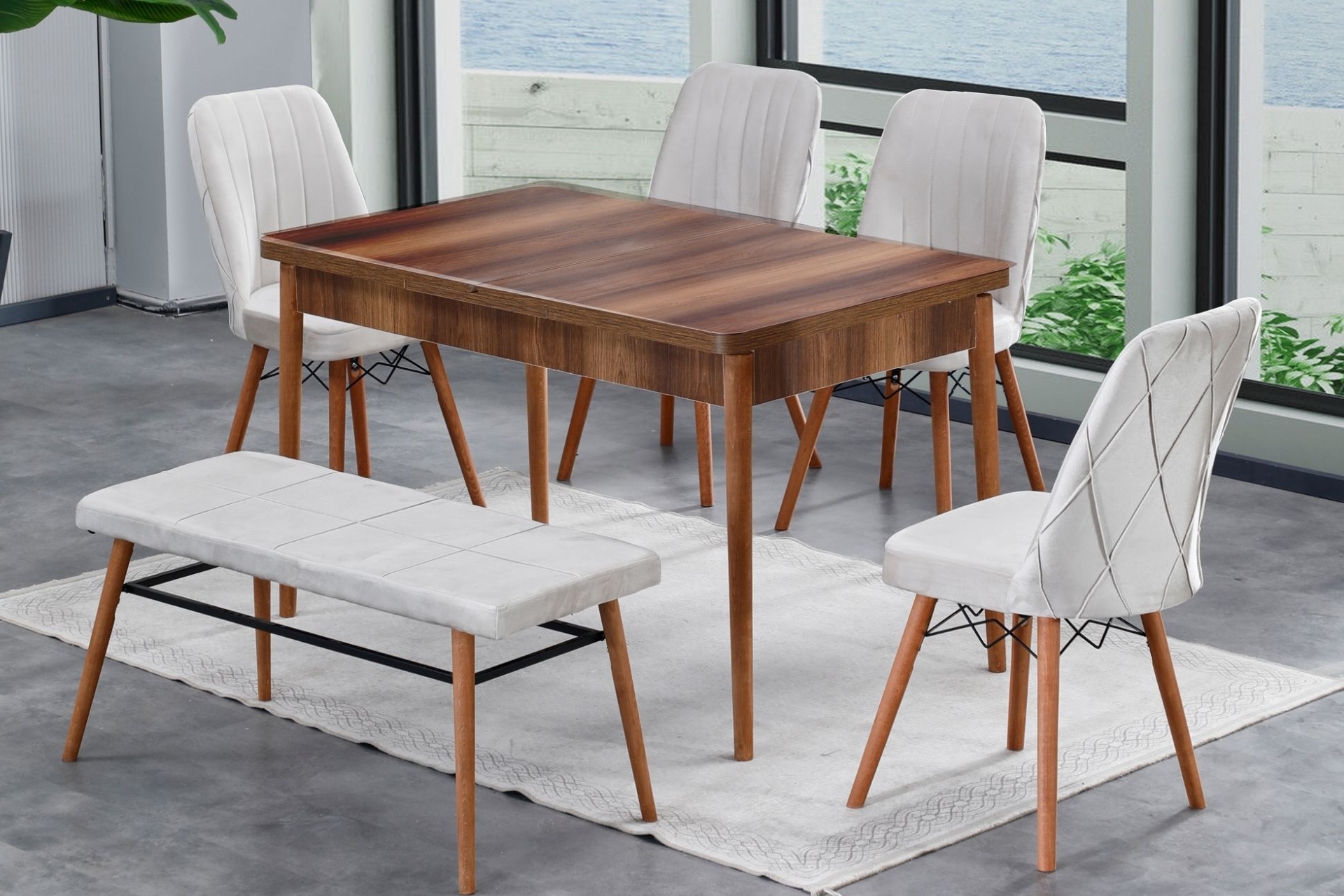 LAJME BAROK AÇILIR MUTFAK MASA TAKIMI, 4 SANDALYE+PUF, KREM, 130X80 ...