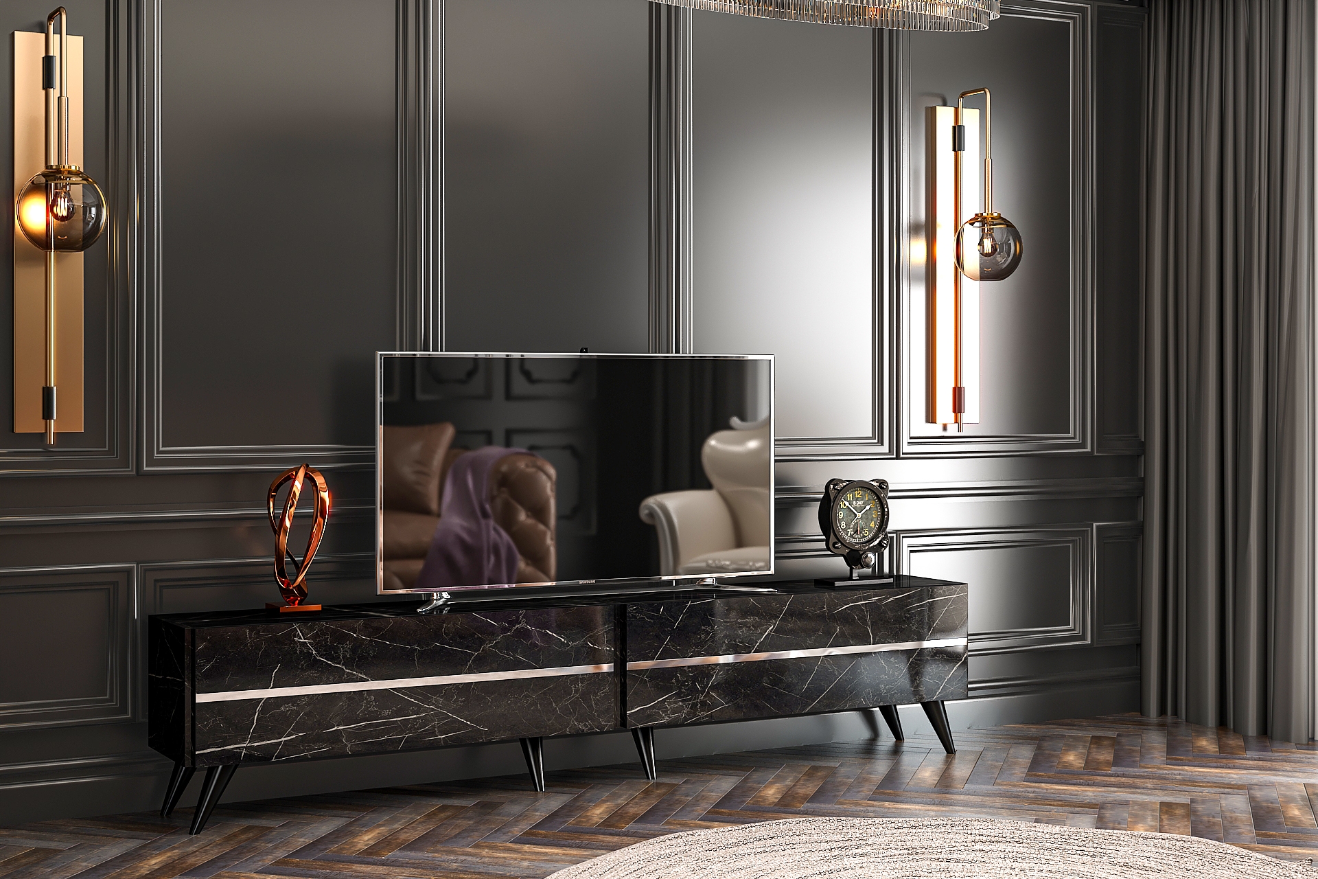 GİVAYO DAKOTA TV ÜNİTESİ, SİYAH ROYAL GÜMÜŞ, 207 CM FİYATI - Vivense