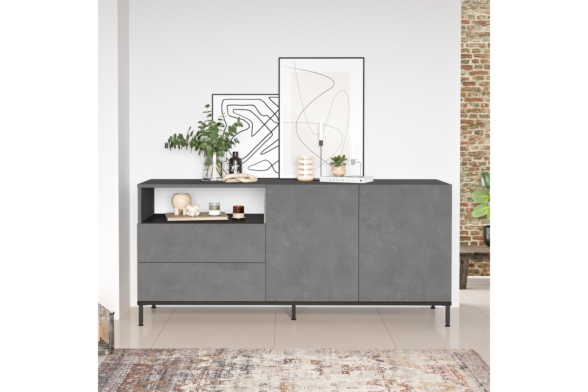 ARES KONSOL, 4 KAPAKLI, METAL AYAKLI, BETON SİYAH, 170 CM