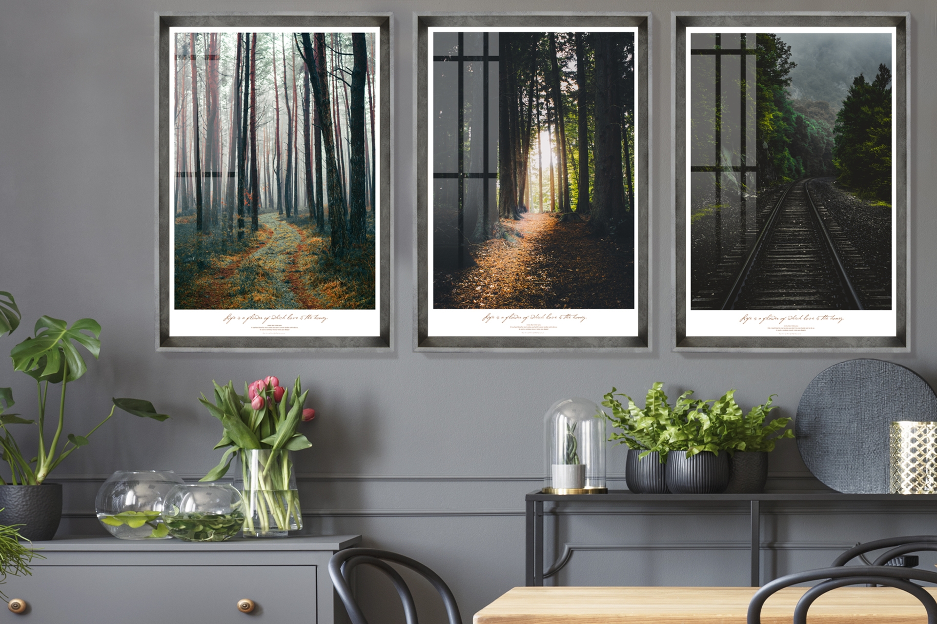 FOREST AND RAİLROAD TABLO SETİ, INOX ÇERÇEVE, 33X48