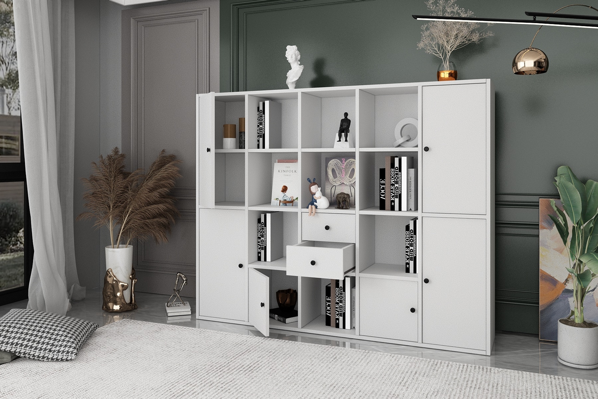 BKCONCEPT MODÜLER KİTAPLIK, 160 CM, KAPAKLI ÇEKMECELİ RAFLI, BEYAZ ...