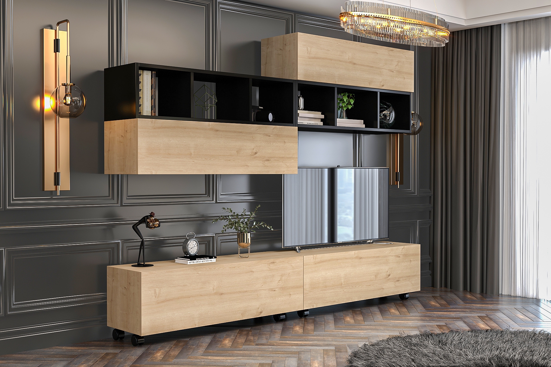 GİVAYO ALA TV ÜNİTESİ, SAFİR MEŞE SİYAH, 200 CM FİYATI - Vivense