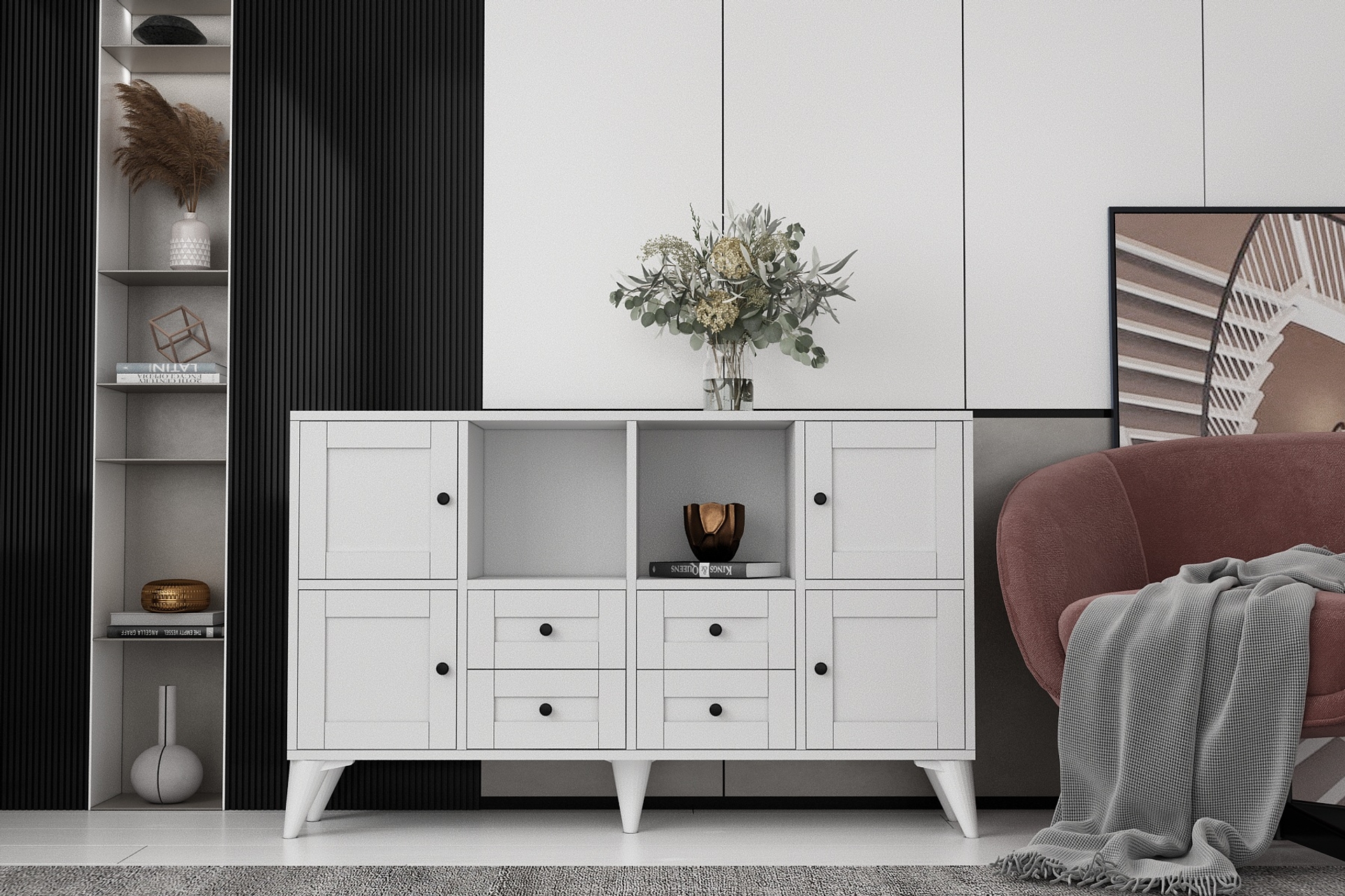 TOWN AYAKLI KONSOL KNS-1269, 4 KAPAKLI 4 ÇEKMECELİ RAFLI, BEYAZ FİYATI ...