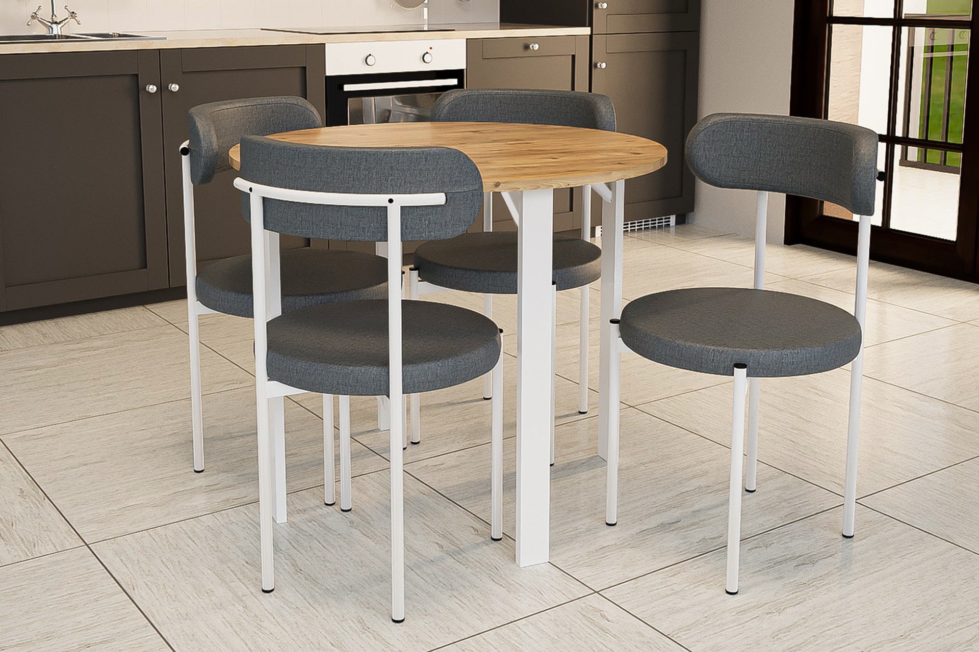 TREND YUVARLAK MUTFAK MASA TAKIMI, ATLANTİK ÇAM GRİ BEYAZ FİYATI - Vivense