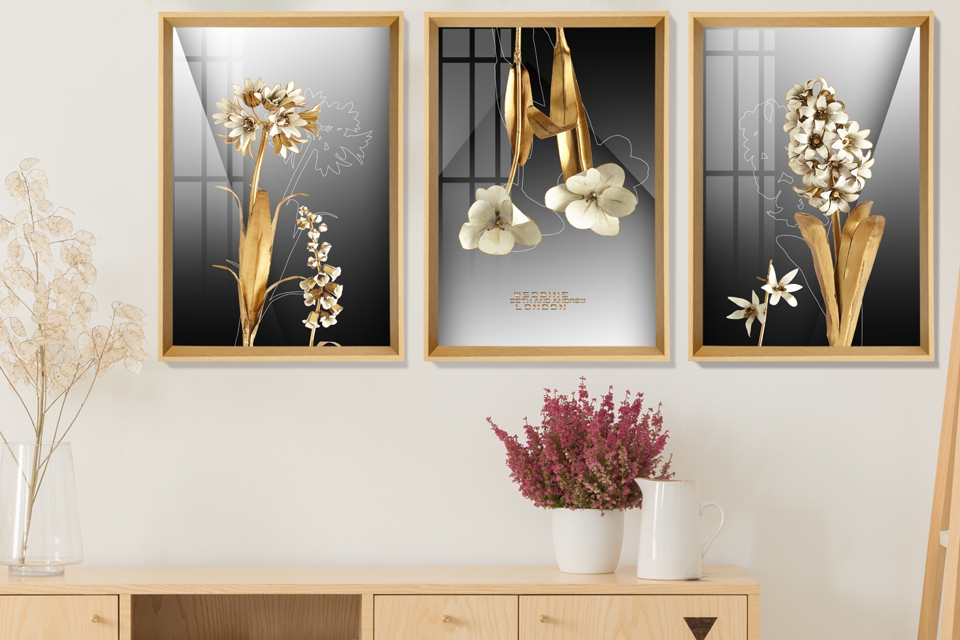 GOLDEN FLOWERS TABLO SETİ, NATURAL ÇERÇEVE, 33X48 FİYATI - Vivense