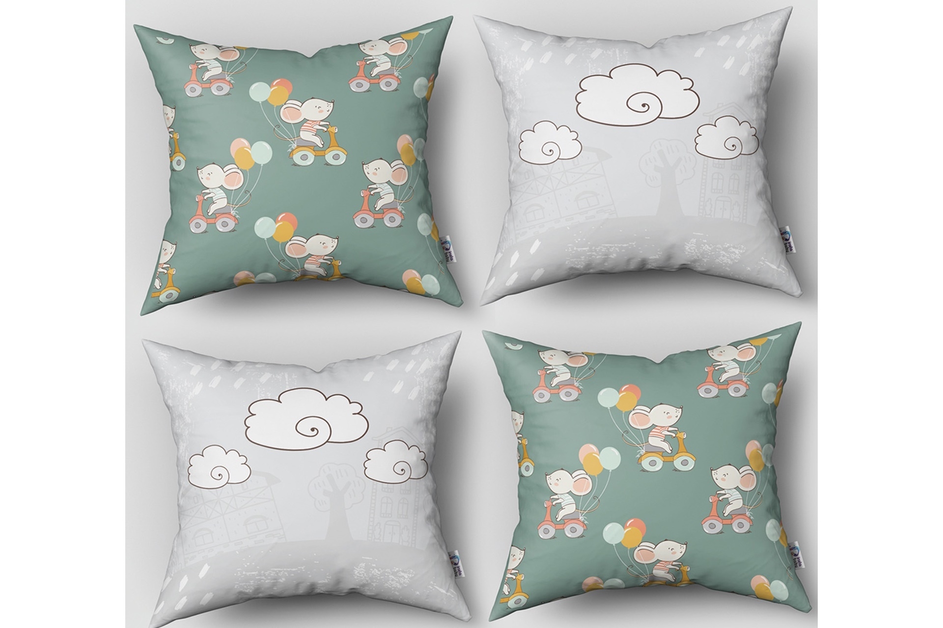 GRİ FARE VE BALON DESENLİ ÇOCUK ODASI DİJİTAL BASKILI DÖRTLÜ KIRLENT ...