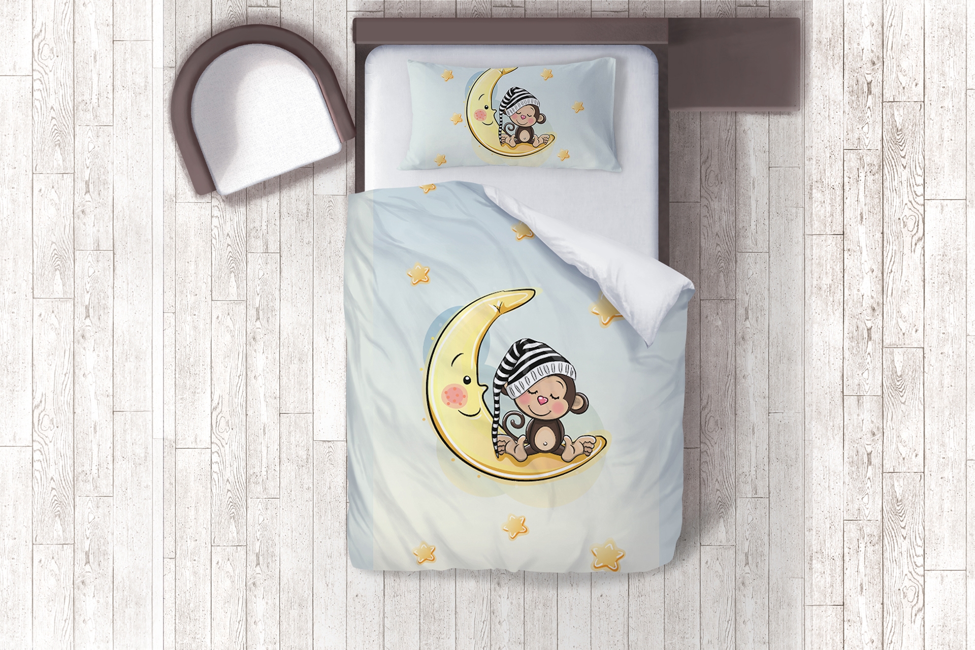 SARI AY VE MAYMUN DESENLİ ÇOCUK ODASI DİJİTAL BASKILI NEVRESİM TAKIMI ...