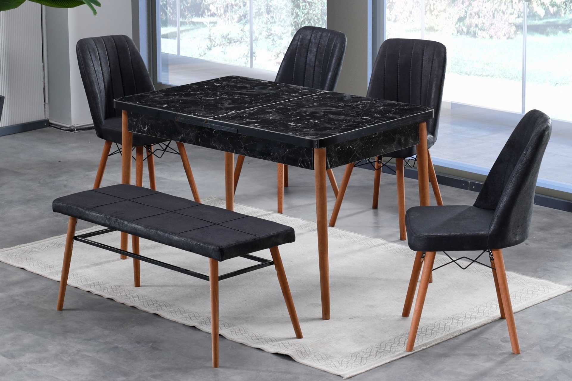 LAJMİX SİYAH MERMER AÇILIR MUTFAK MASA TAKIMI, 4 SANDALYE+PUF, SİYAH ...