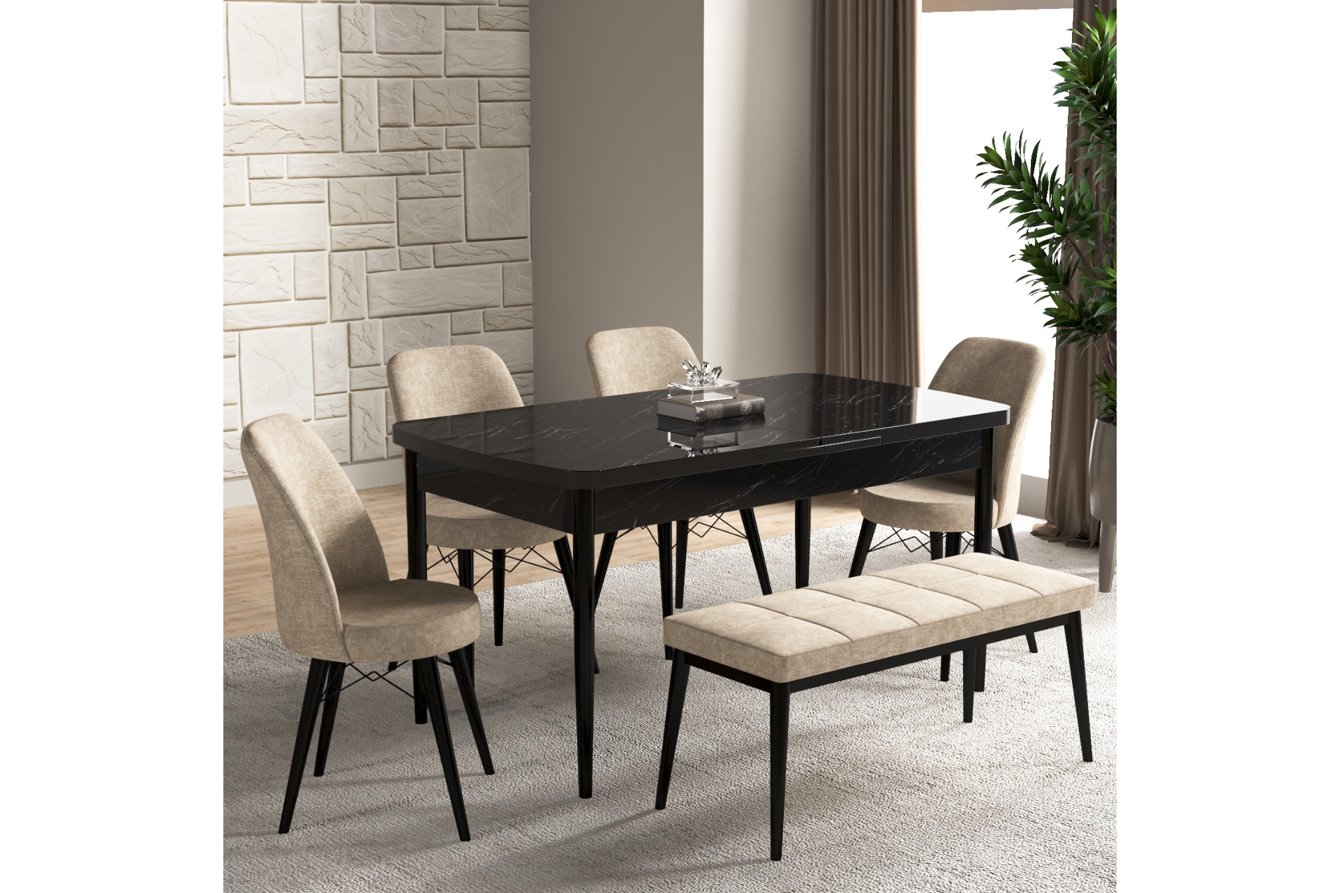 AY SERİSİ 1 MASA + 4 SANDALYE + BENCH MUTFAK MASA TAKIMI, MERMER KREM ...